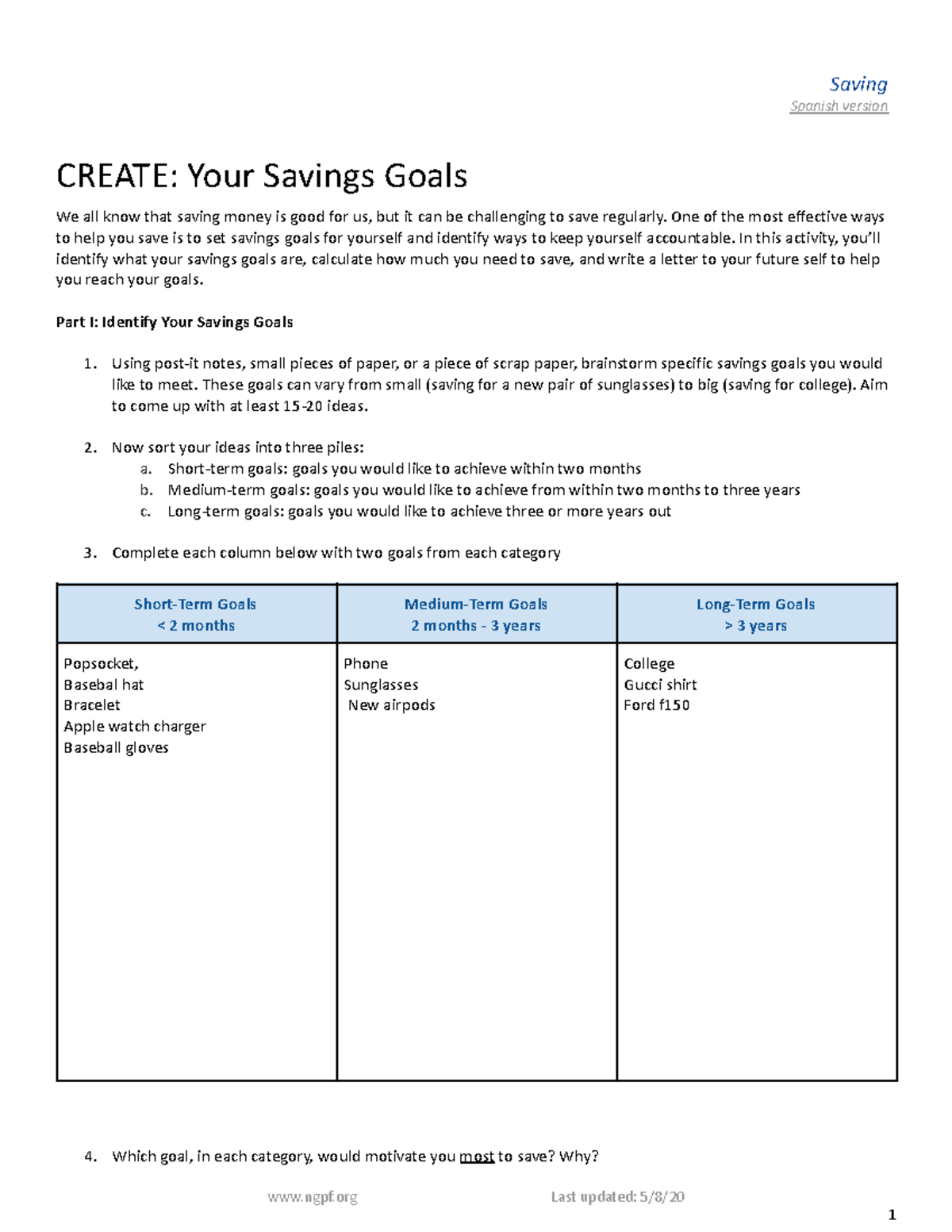 Create Your Savings Goals - Saving Spanish version CREATE: Your Savings ...