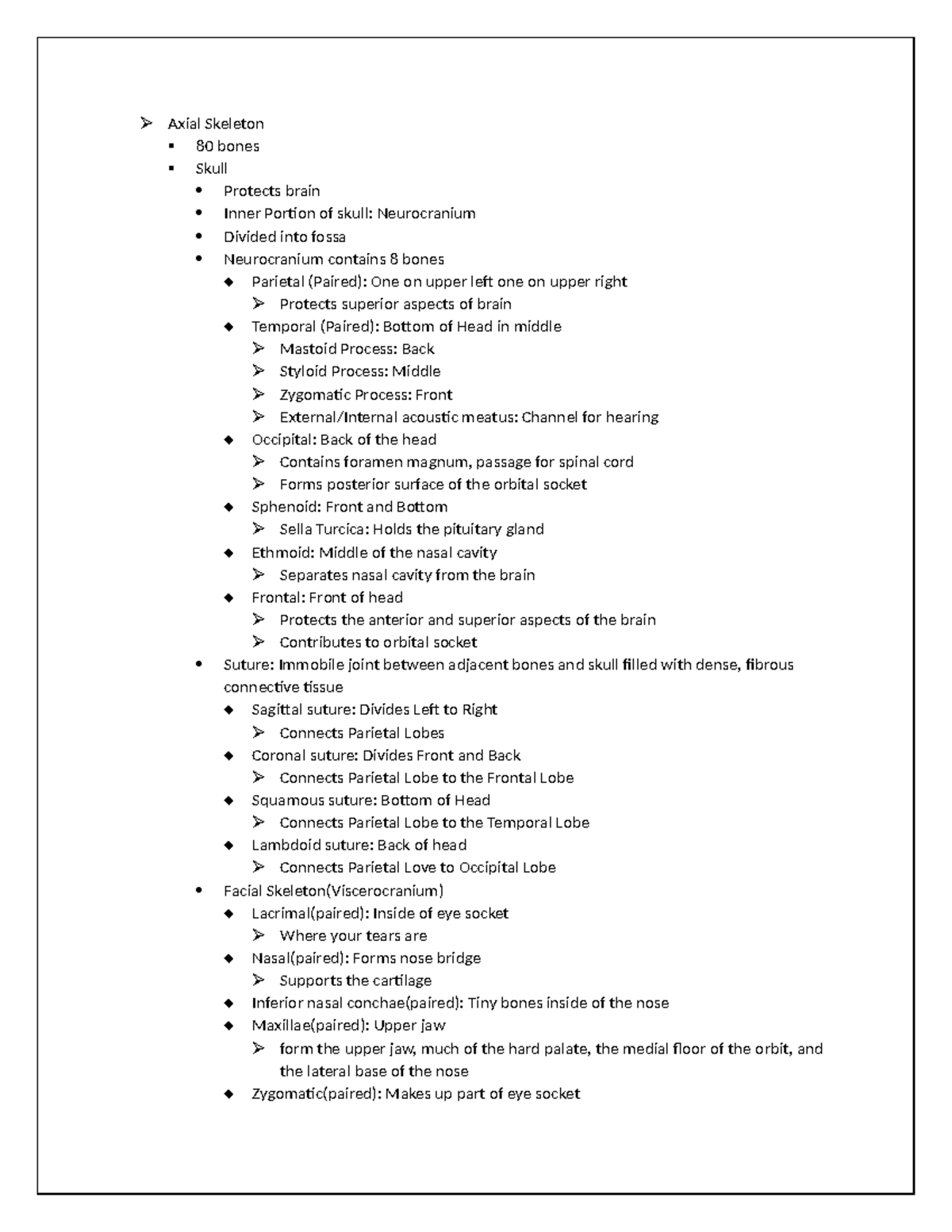 Axial Skeleton - Summary Integrated Anatomy and Physiology 1 - Axial ...