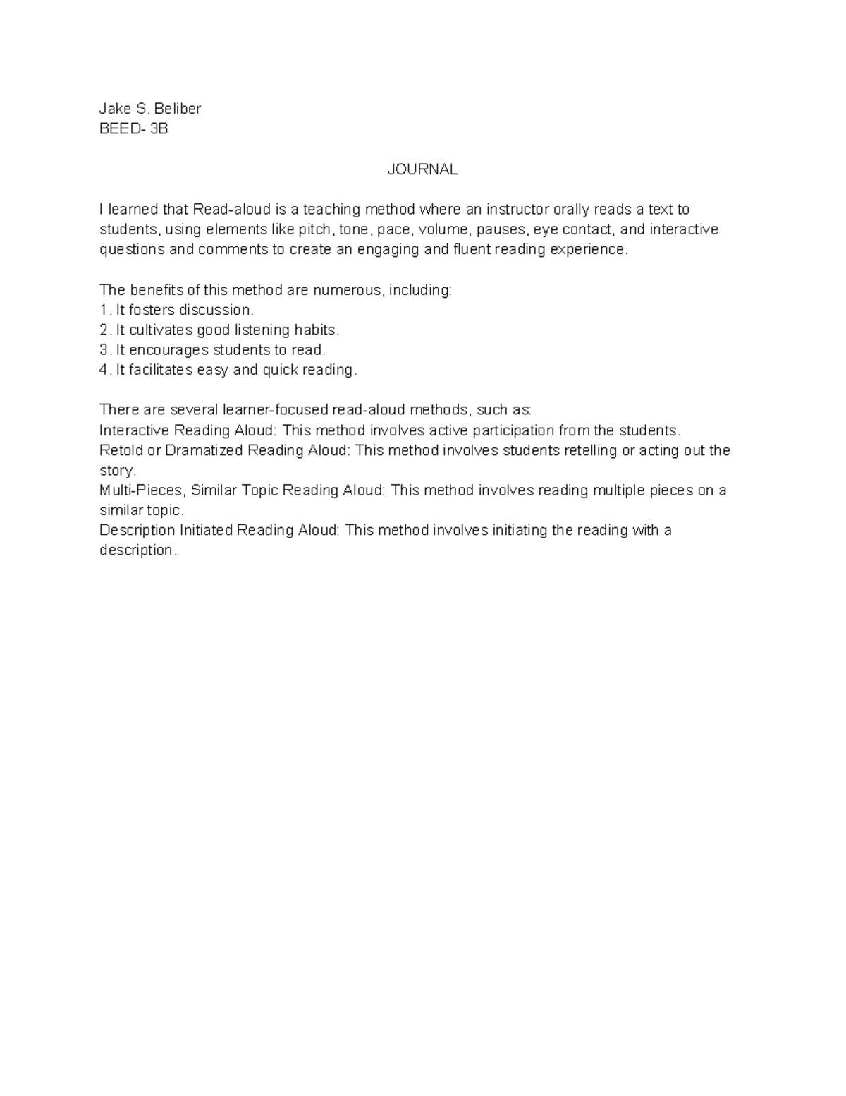 Read aloud - Gkgkgkg - Jake S. Beliber BEED- 3B JOURNAL I learned that ...