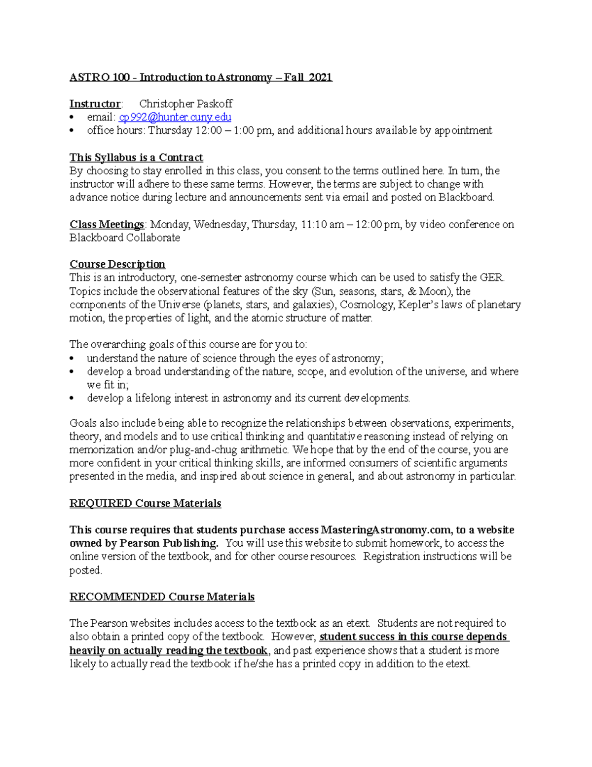 Astro 100 - 2021(c) - fall - syllabus - ASTRO 100 - Introduction to ...