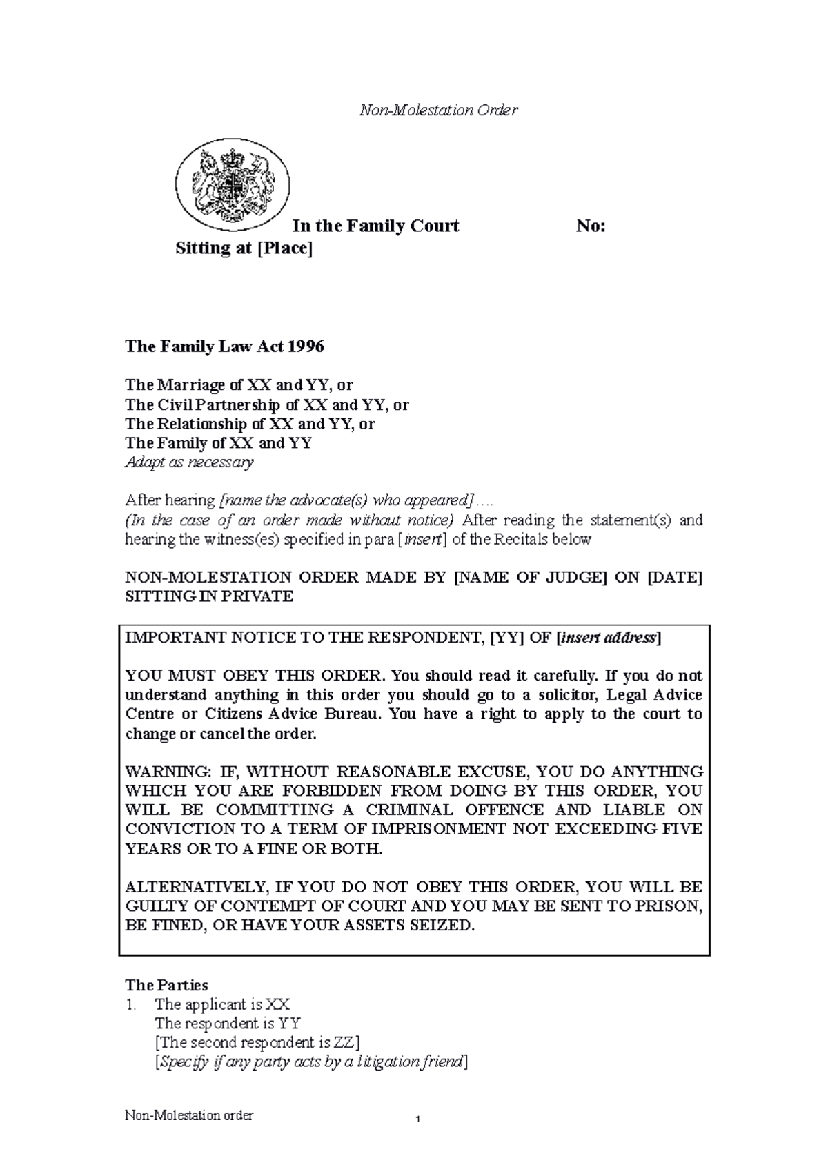 Family Law Act 1996 Non-Molestation Order - Non-Molestation Order In the Family Court No ...
