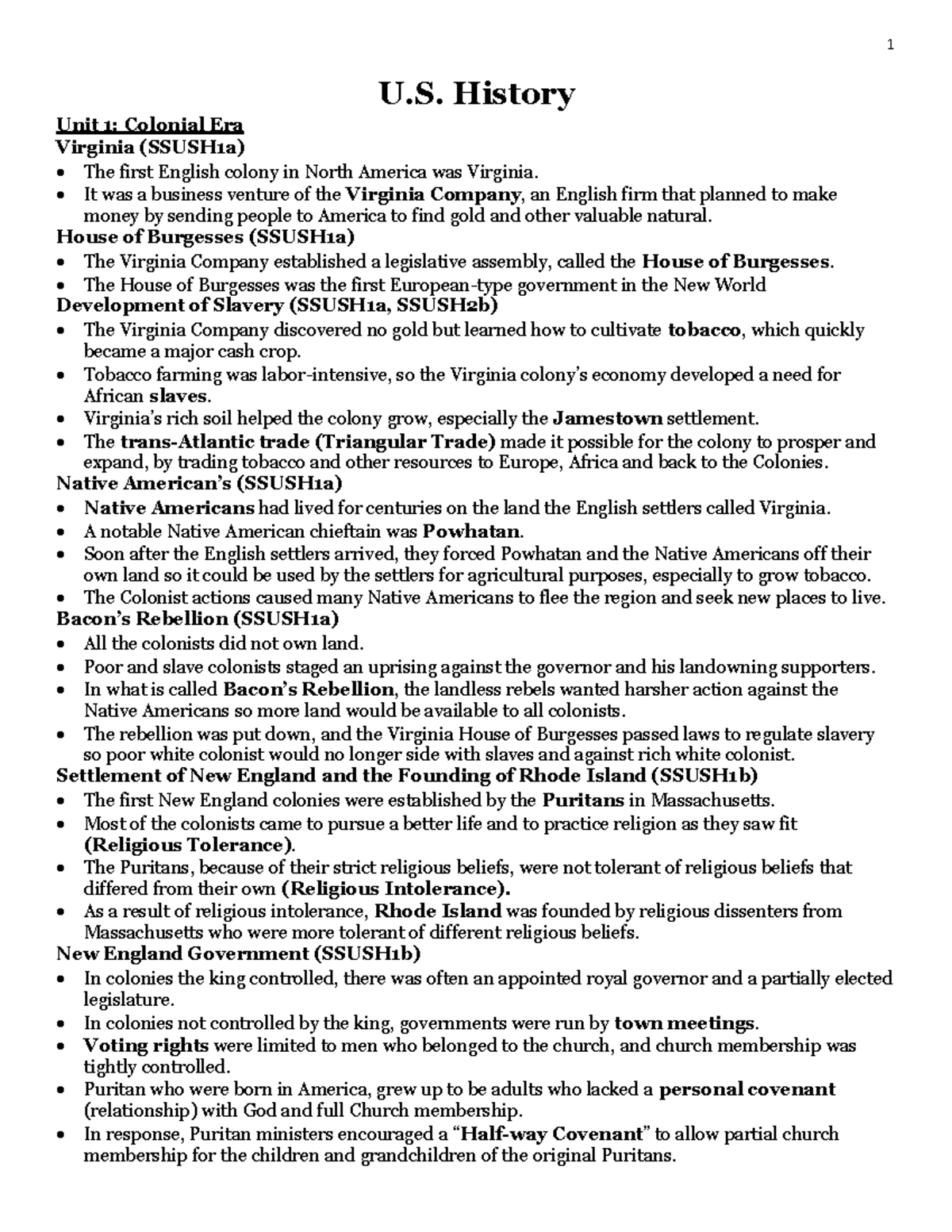 US History Master Notes - U. History Unit 1: Colonial Era Virginia ...