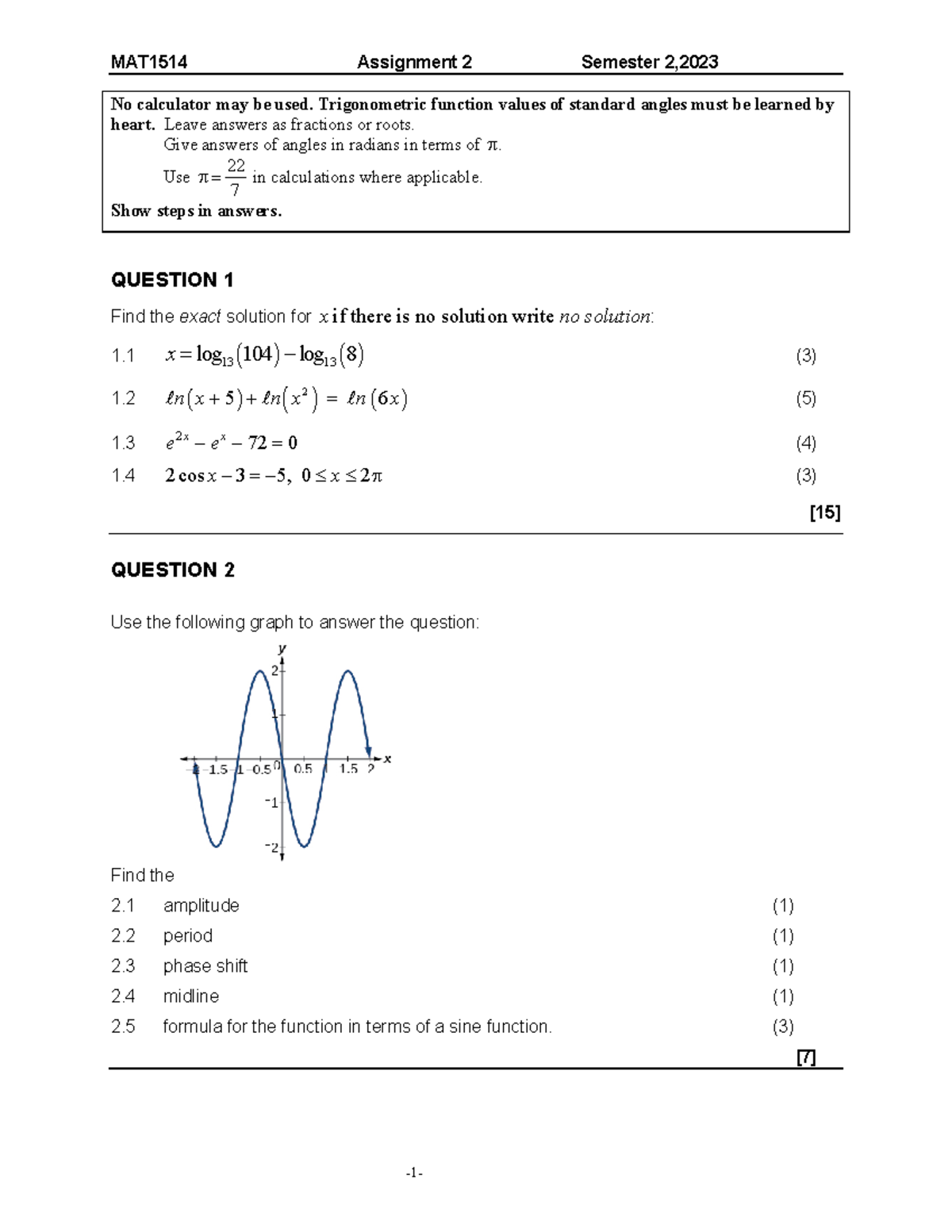 MAT1514 Assignment 2 Semester 2 - MAT1514 Assignment 2 Semester 2, -1- No calculator may be used ...