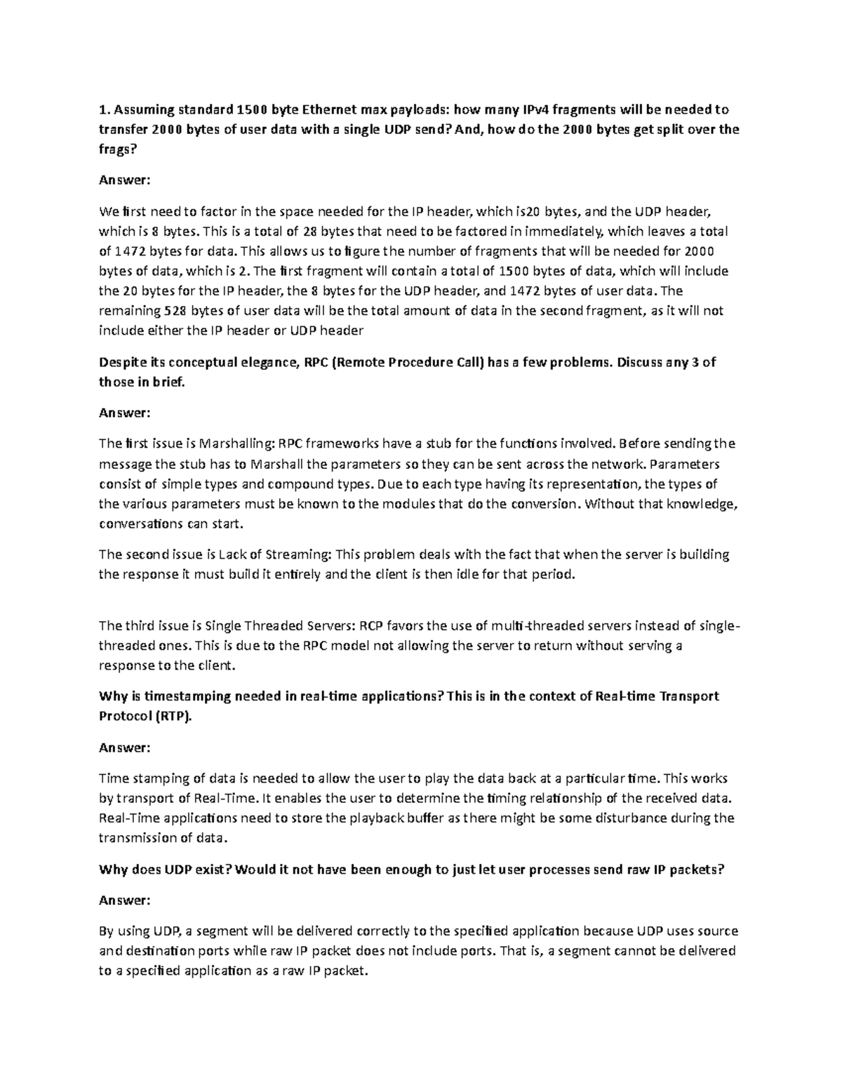 Unit 6 Assignment CS 2204 - 1. Assuming standard 1500 byte Ethernet max payloads: how many IPv4 ...