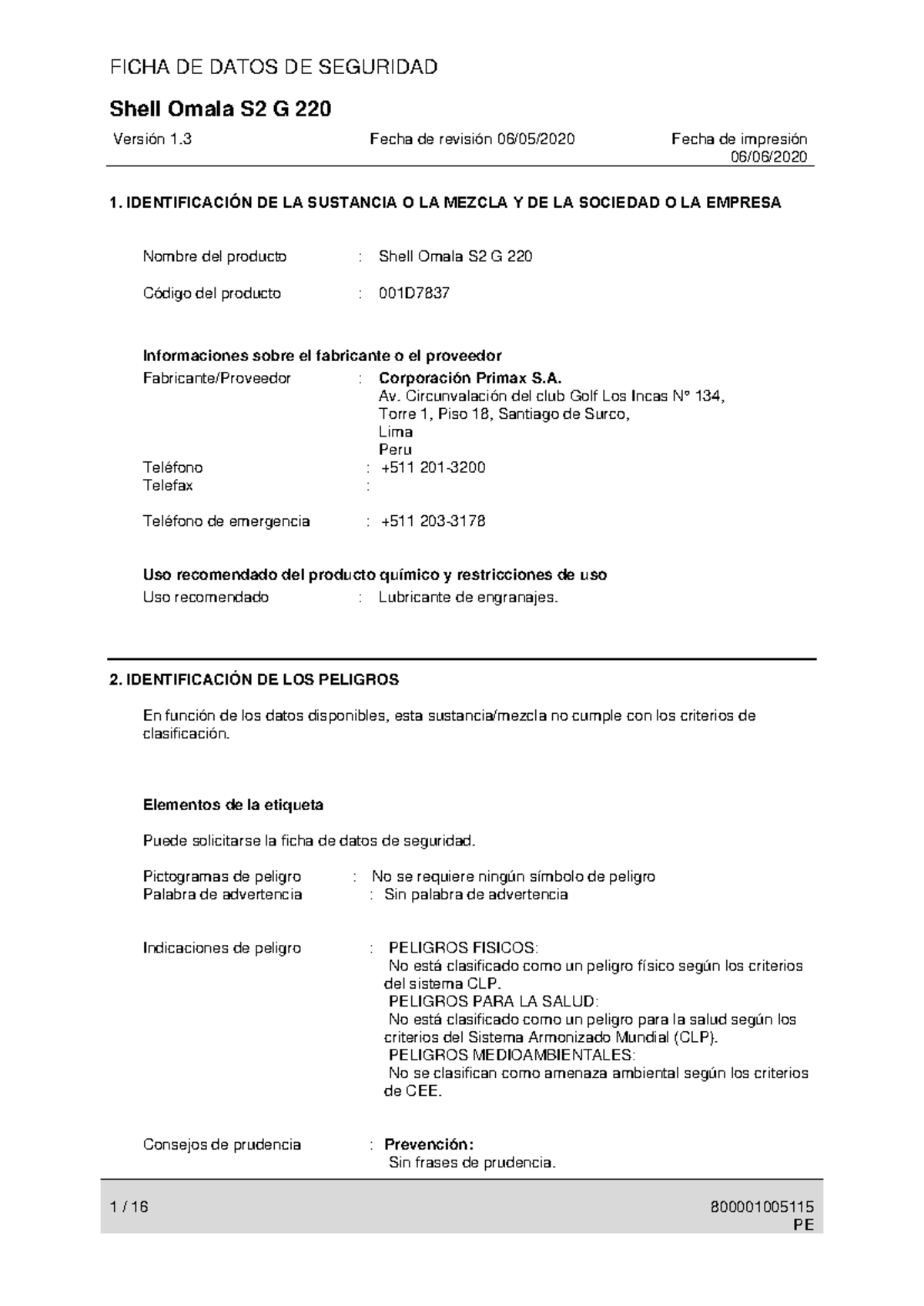 MSDS Omala S2 GX 220 - Shell Omala S2 G 220 Versión 1. 3 Fecha de ...