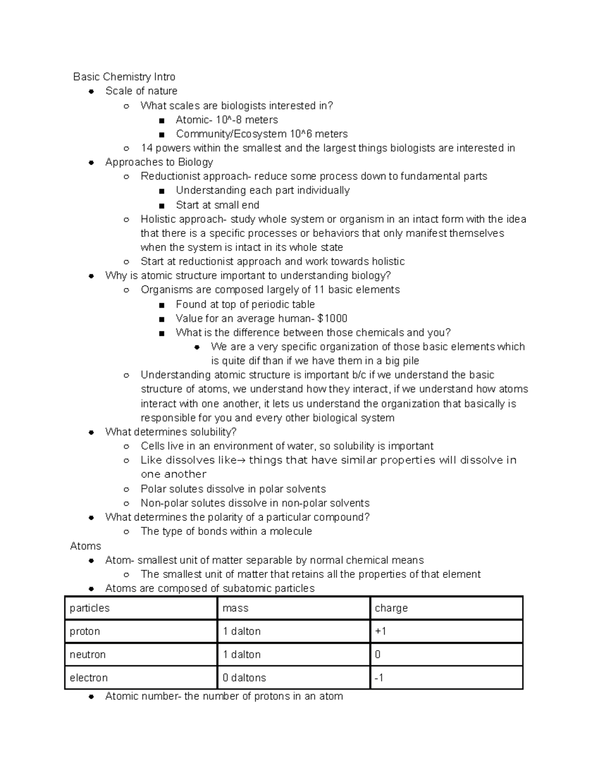 Chapter 1 Biology Notes 1201 - Basic Chemistry Intro Scale of nature ...
