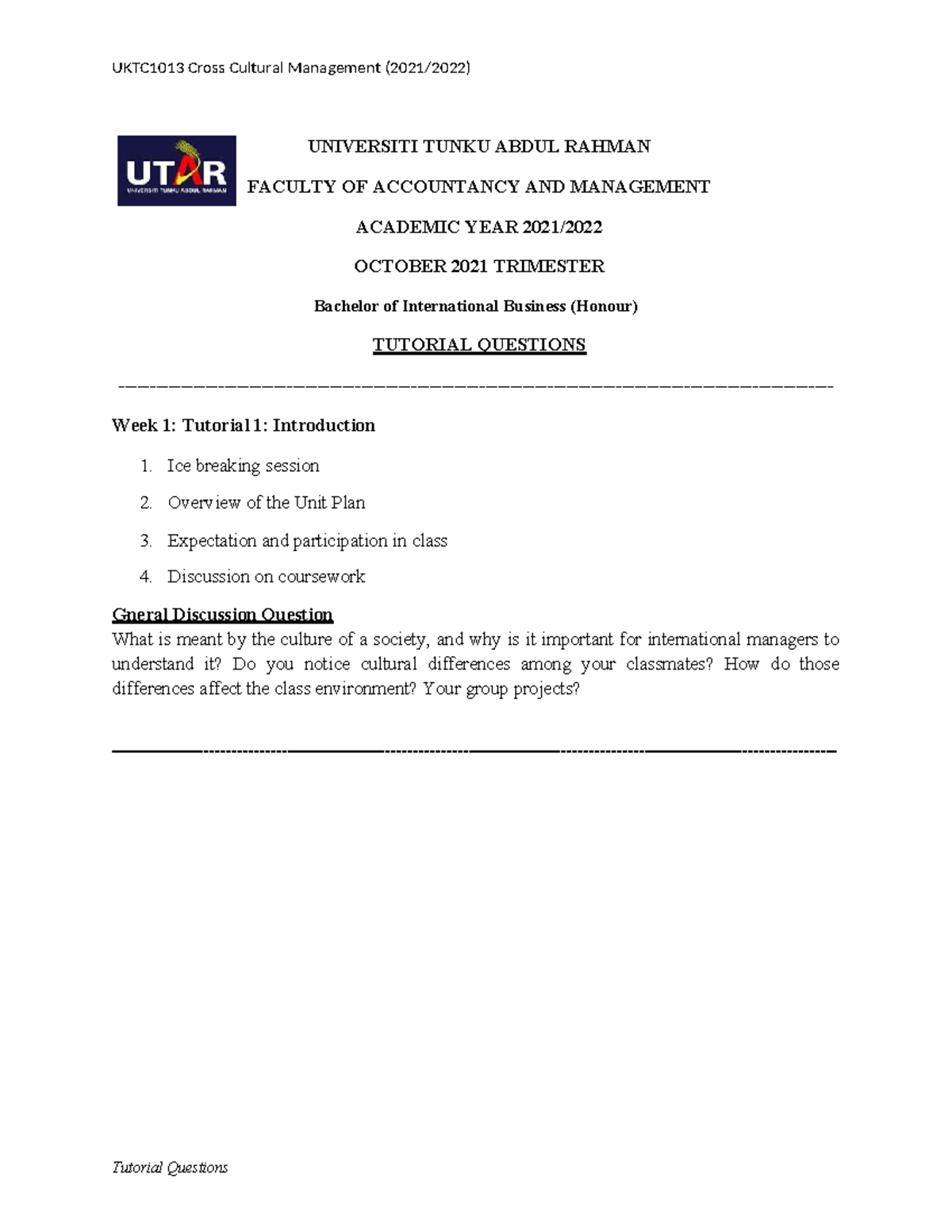 Tutorial Questions 1-13-converted - UNIVERSITI TUNKU ABDUL RAHMAN FACULTY OF ACCOUNTANCY AND ...