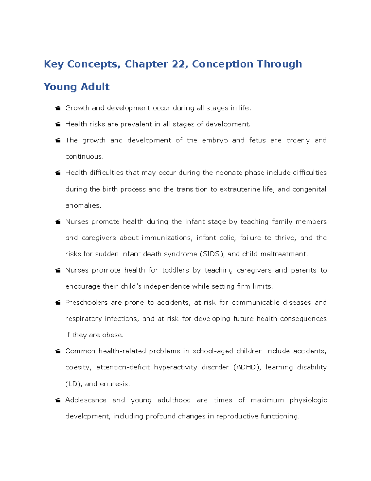 Key Points Chp 22 - Key Concepts, Chapter 22, Conception Through Young ...
