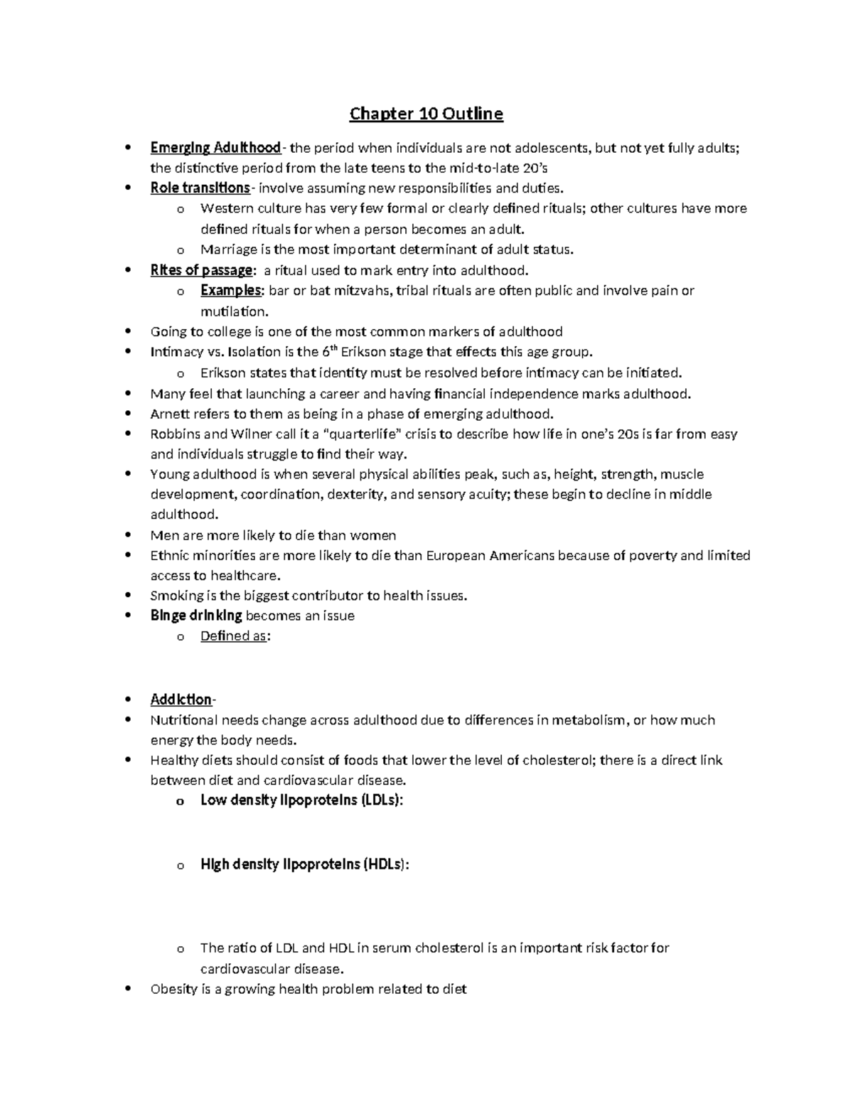 N252-Chapter 10 Outline - Chapter 10 Outline Emerging Adulthood- the ...