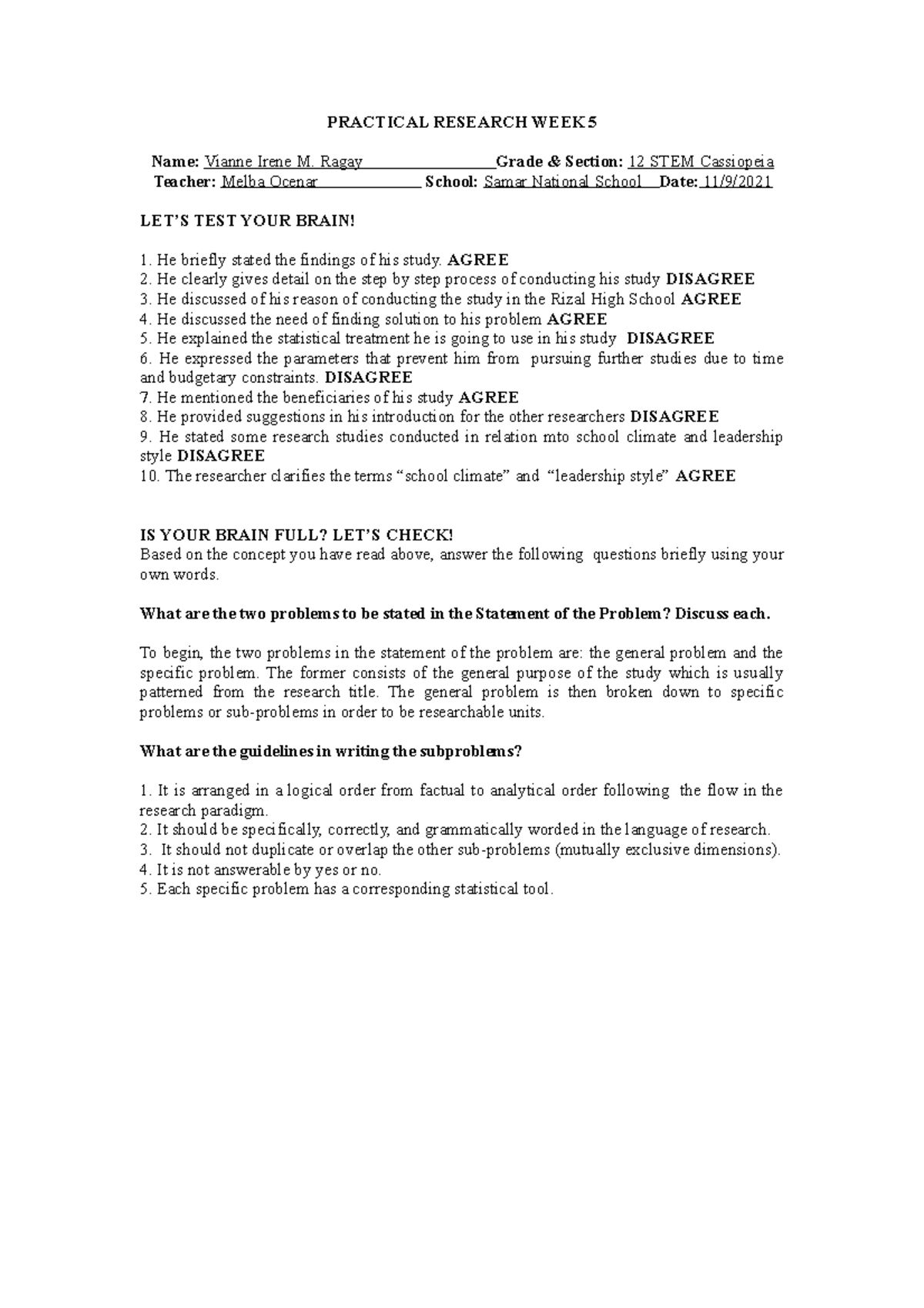 Ragay - Practical Research WEEK 5 - PRACTICAL RESEARCH WEEK 5 Name ...