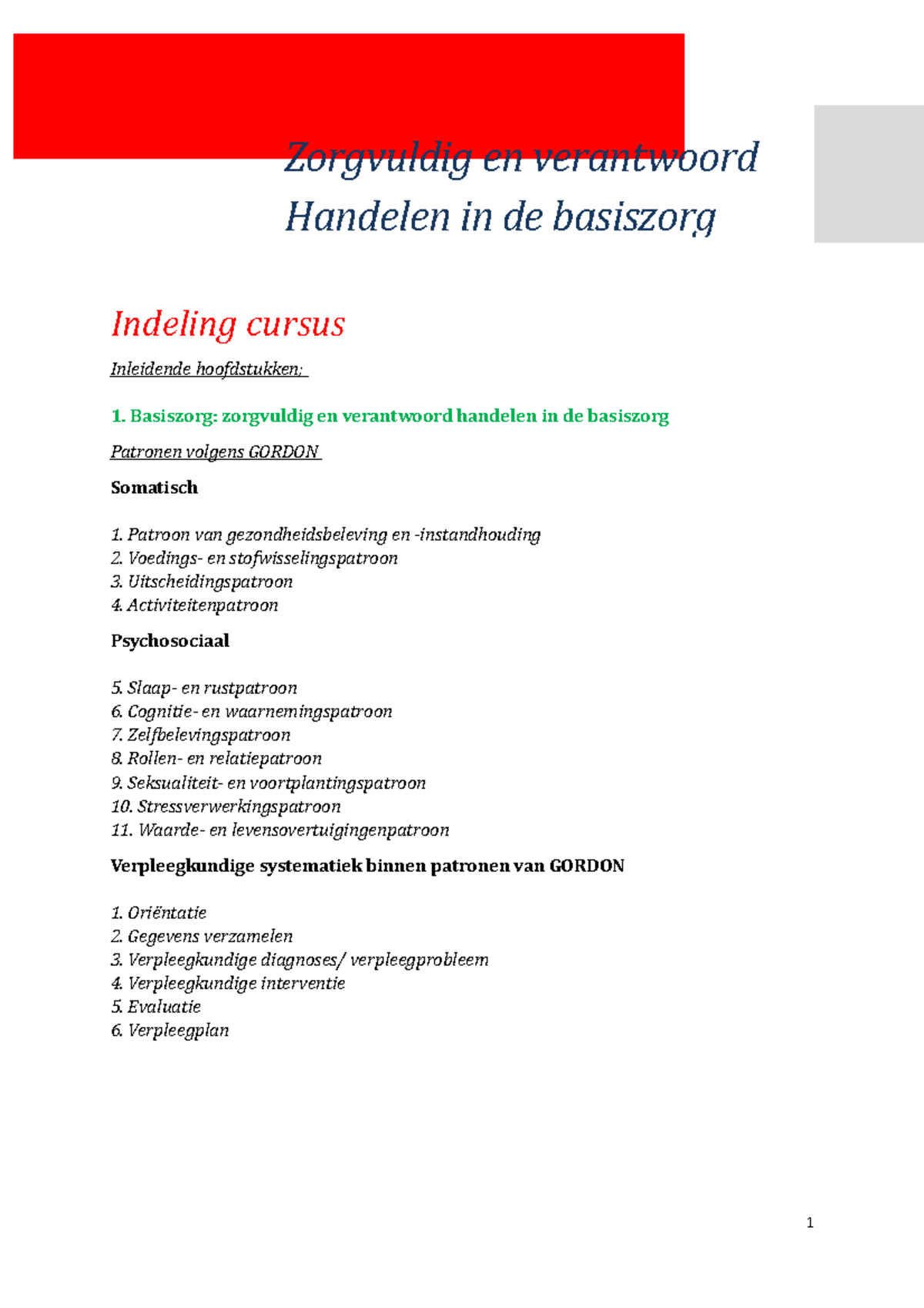 Basisverpleegkunde Hoofdstuk 1 - Basiszorg - Indeling cursus Inleidende ...