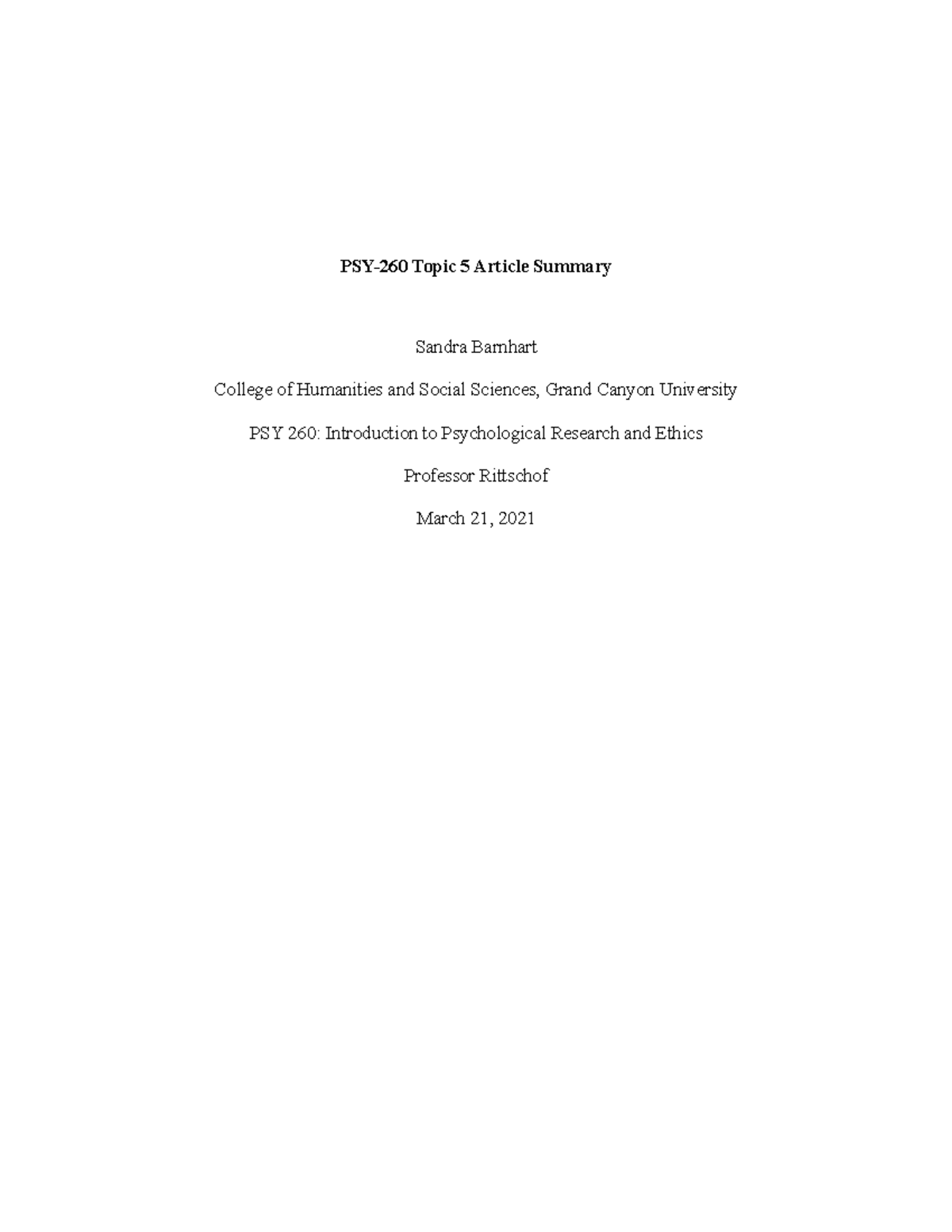 PSY 260 RS T5 Article Summary - PSY-260 Topic 5 Article Summary Sandra ...
