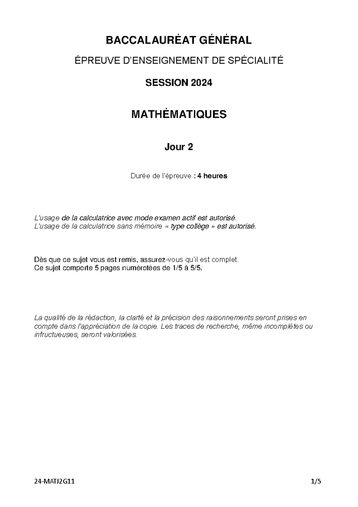 Spe mathematiques 2024 centres etranger 2 sujet officiel - BACCALAURÉAT ...
