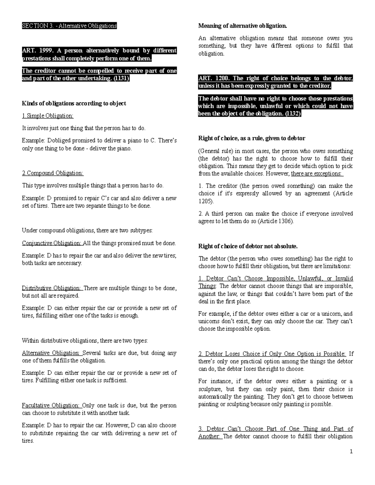 Oblicon (Art. 1999 - 1222) - SECTION 3. - Alternative Obligations ART ...