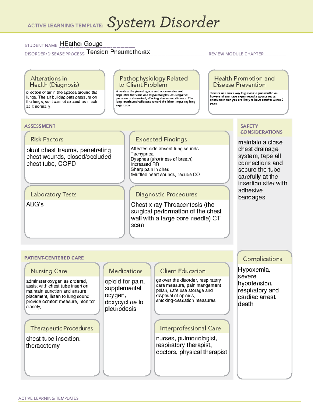 Tension Pneumo - ACTIVE LEARNING TEMPLATES System Disorder STUDENT NAME ...