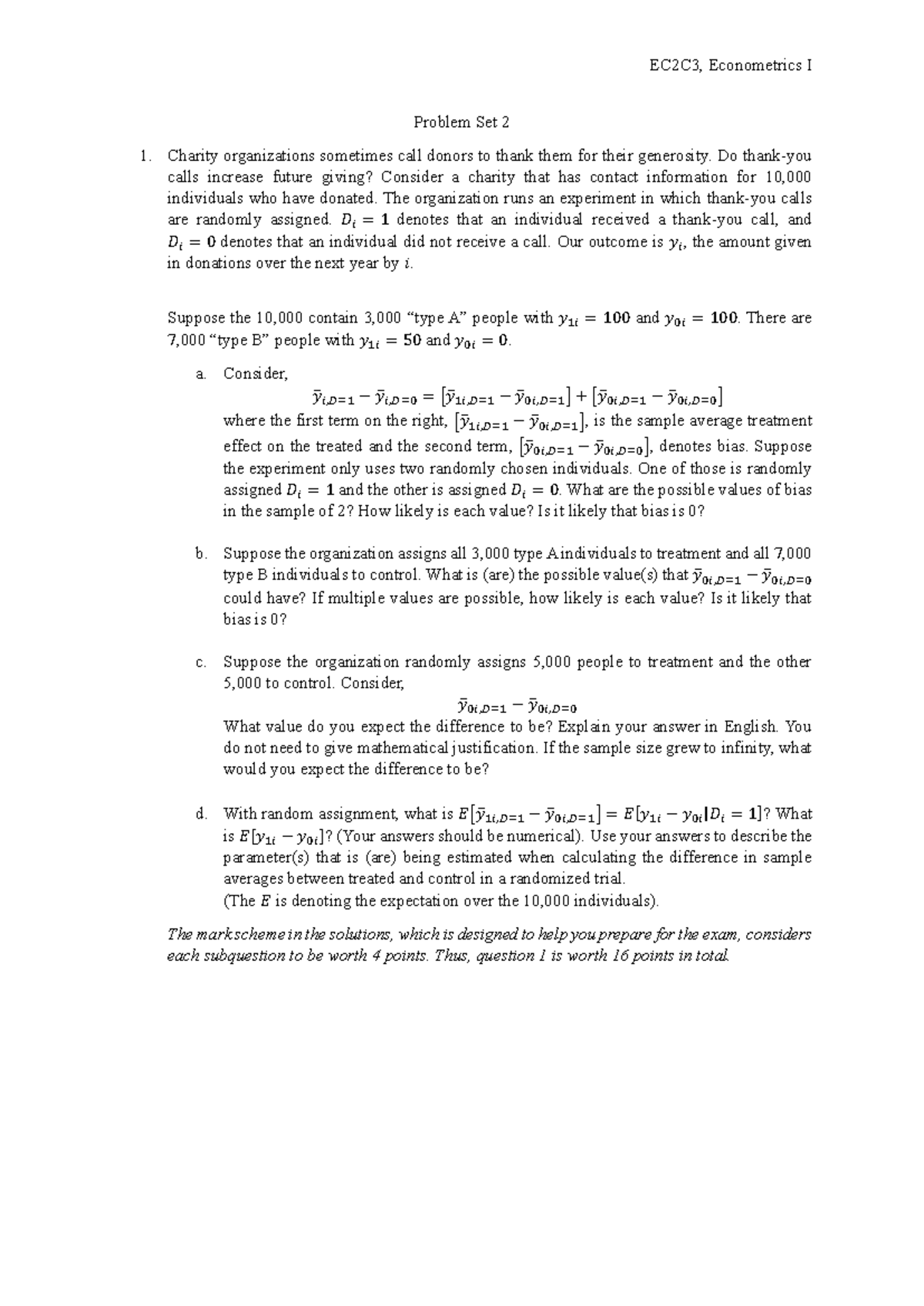 Pset2 2C3 - Pset - EC2C3, Econometrics I Problem Set 2 Charity organizations sometimes call ...