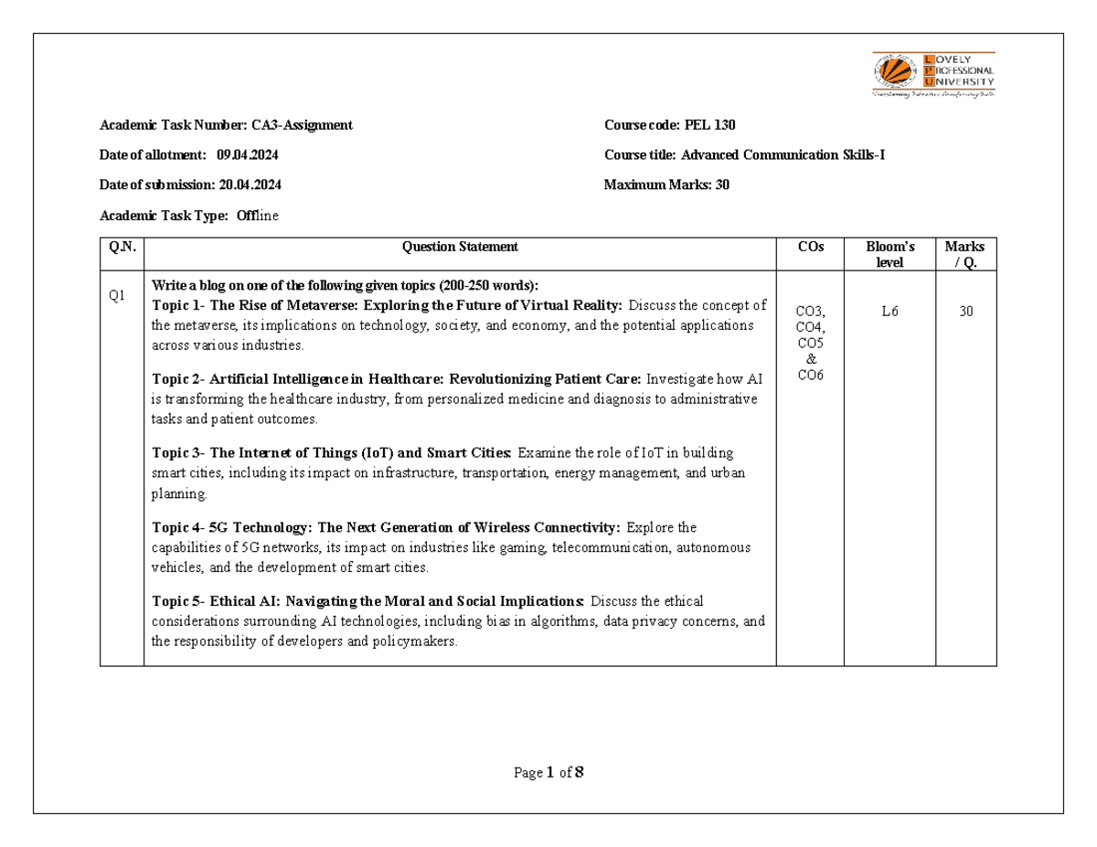 Sample CA3 PEL130 - Academic Task Number: CA3-Assignment Course code: PEL 130 Date of allotment ...