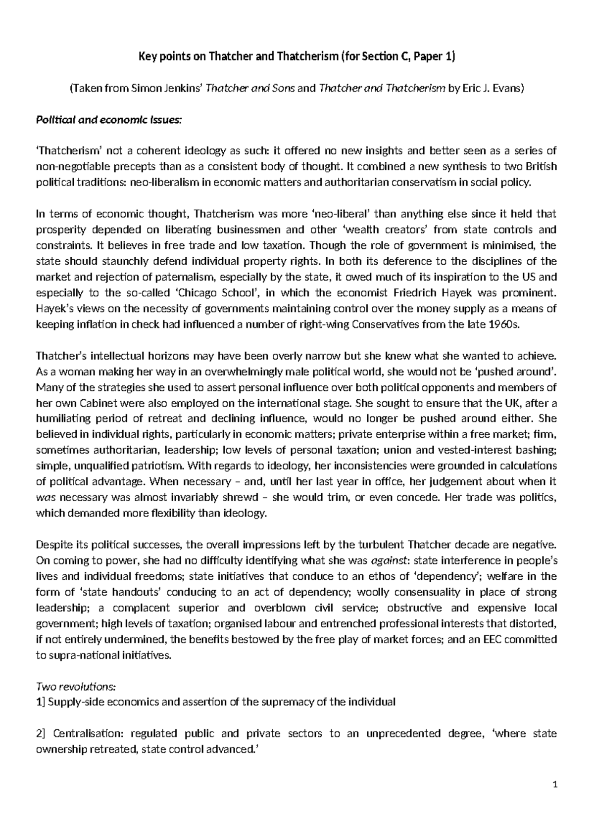 Concise revision summary on Thatcher - Key points on Thatcher and ...