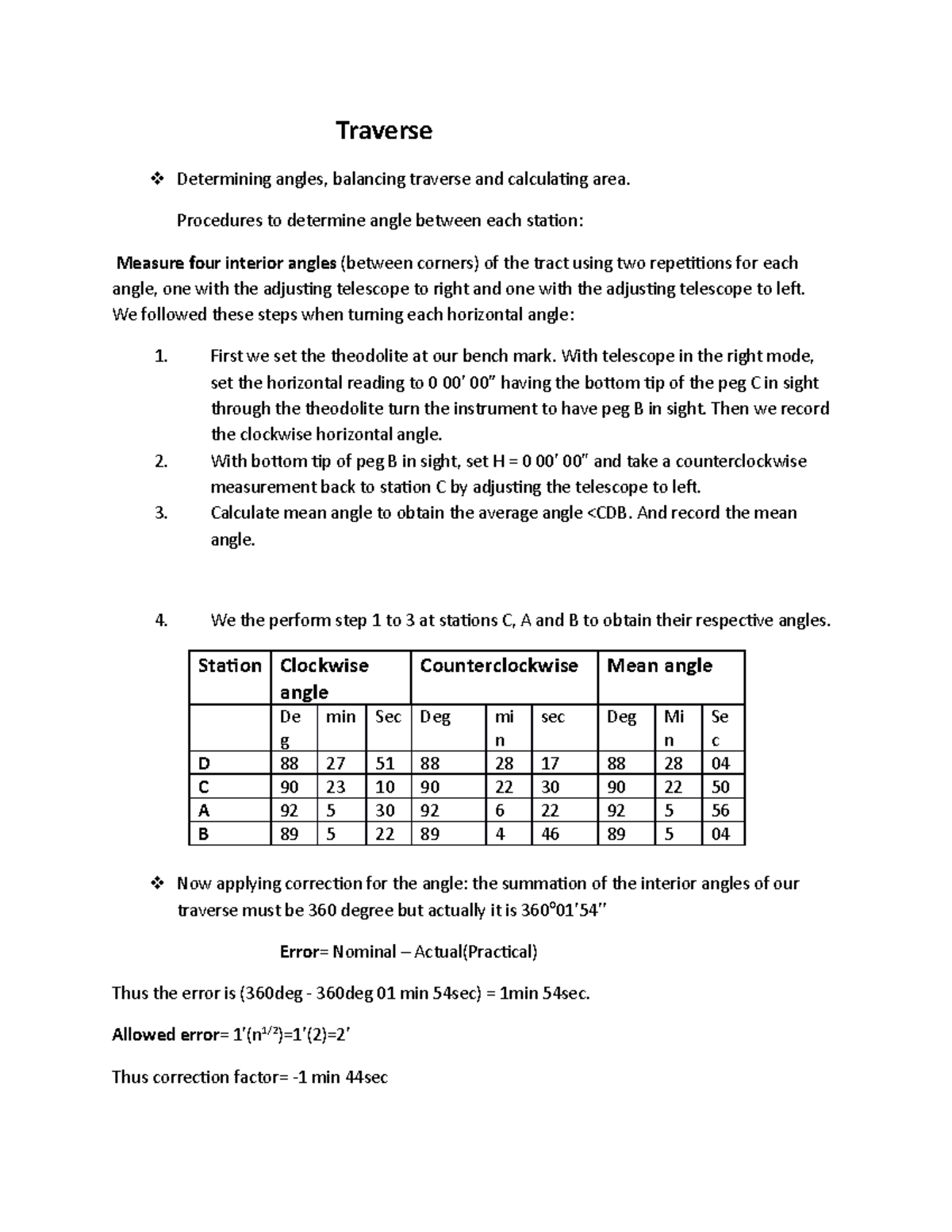 Survey LAB ASS - assignment - Traverse Determining angles, balancing traverse and calculating ...