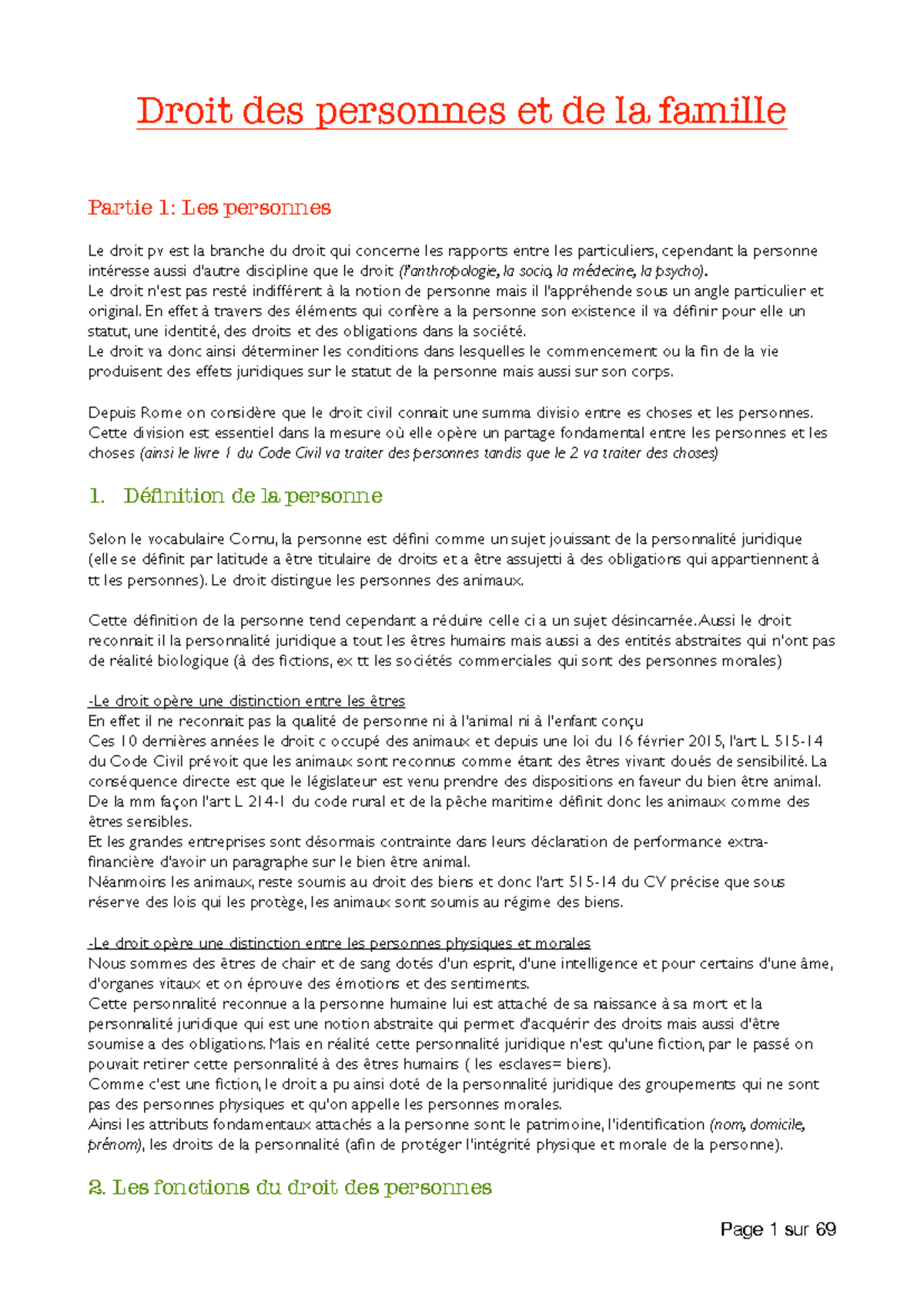 DPF fiche pdf - Droit des personnes et de la famille Partie 1: Les personnes Le droit pv est la ...