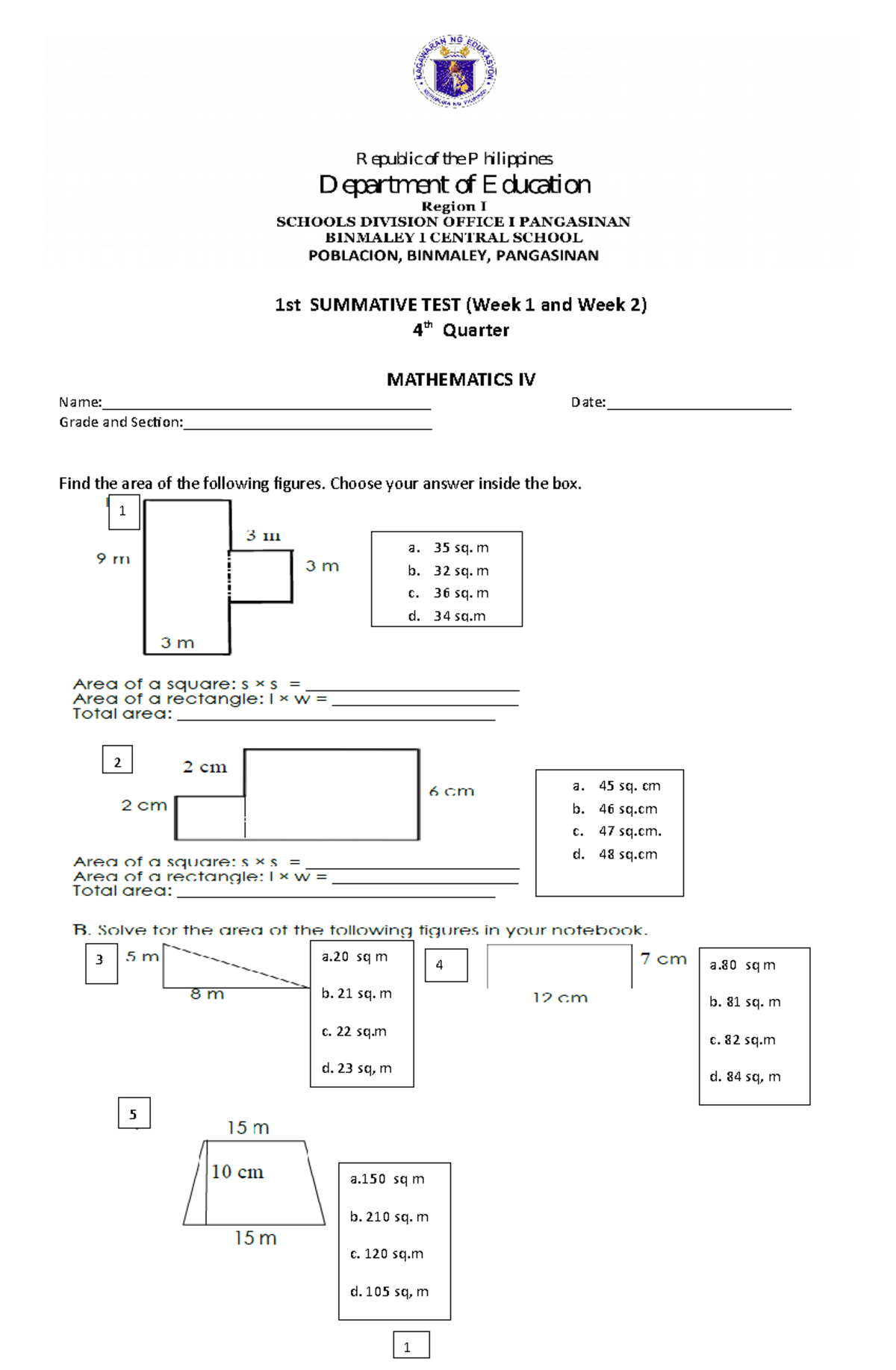 1st-summative-test-Q4 - 1st SUMMATIVE TEST (Week 1 and Week 2) 4 th ...