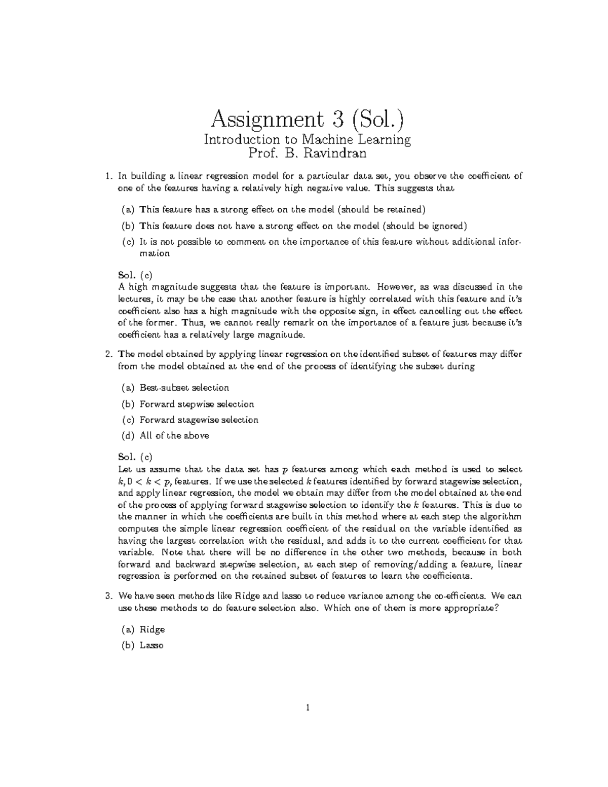 Solution 3 - ASSISTANCE - Assignment 3 (Sol.) Introduction to Machine Learning Prof. B ...
