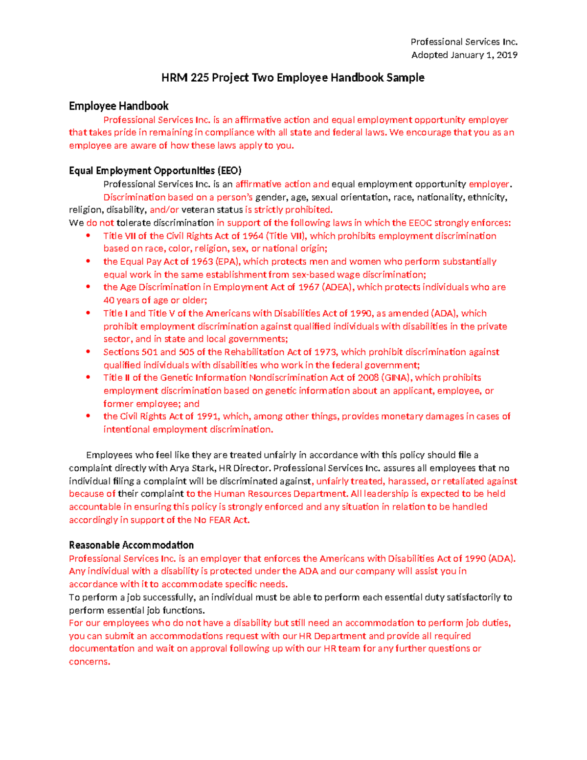 HRM 225 Handbook Sample Revision suggestion - Professional Services Inc ...