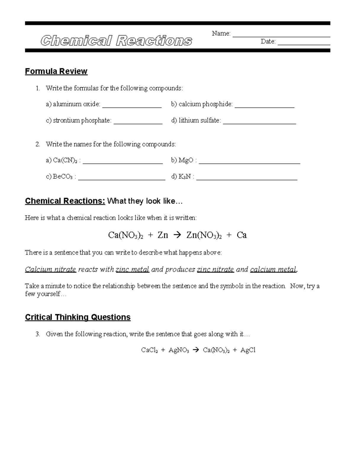 01 chem explore - Name: ____________________________ Date: _______________ Formula Review Write ...