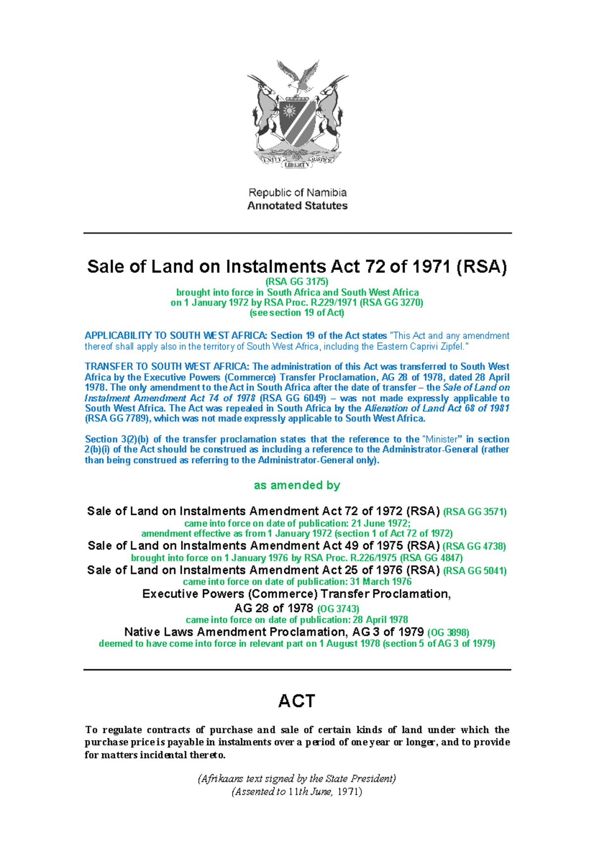 Sale of Land on Instalments Act 72 of 1971 - Sale of Land on ...
