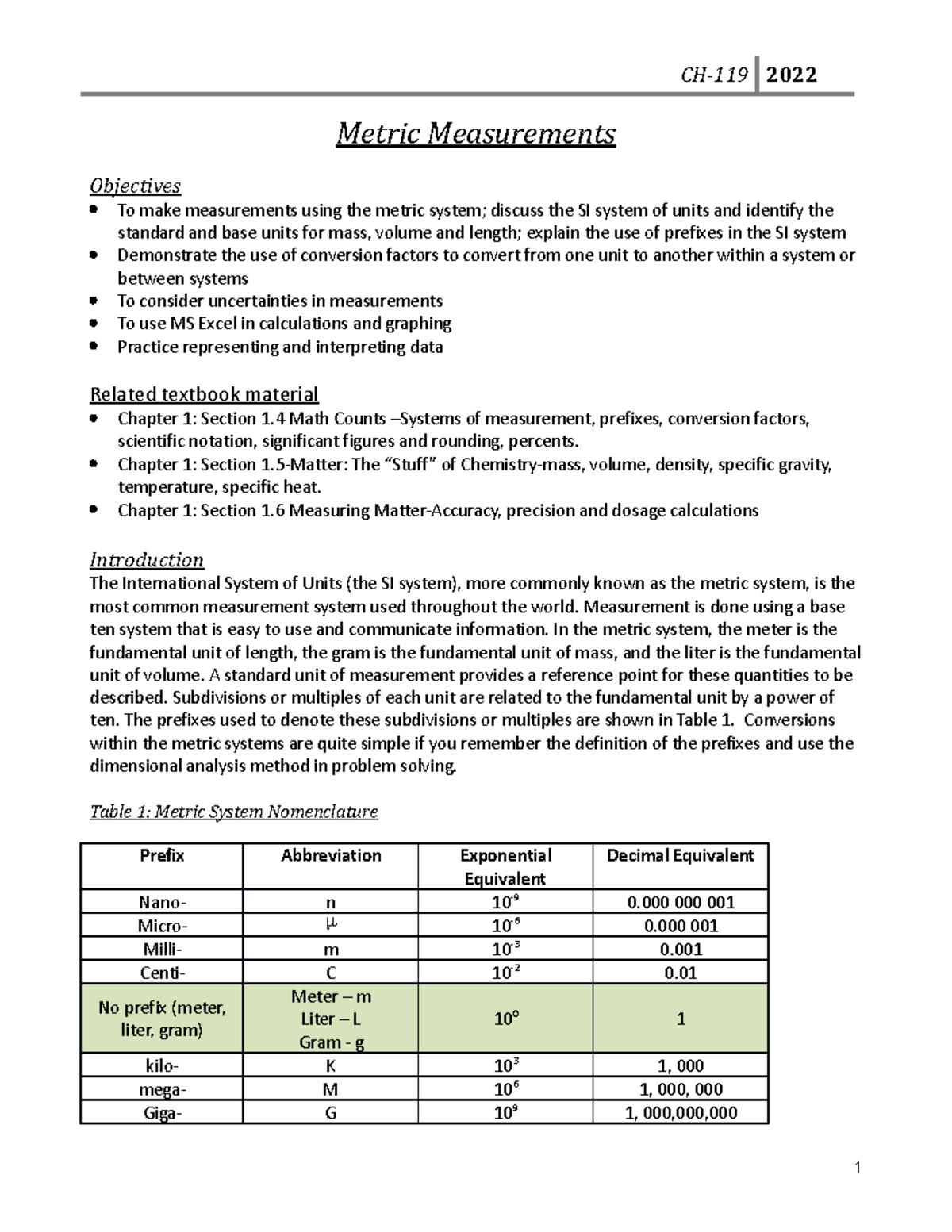 Lab 02- Metric Measurements - Metric Measurements Objectives To make ...