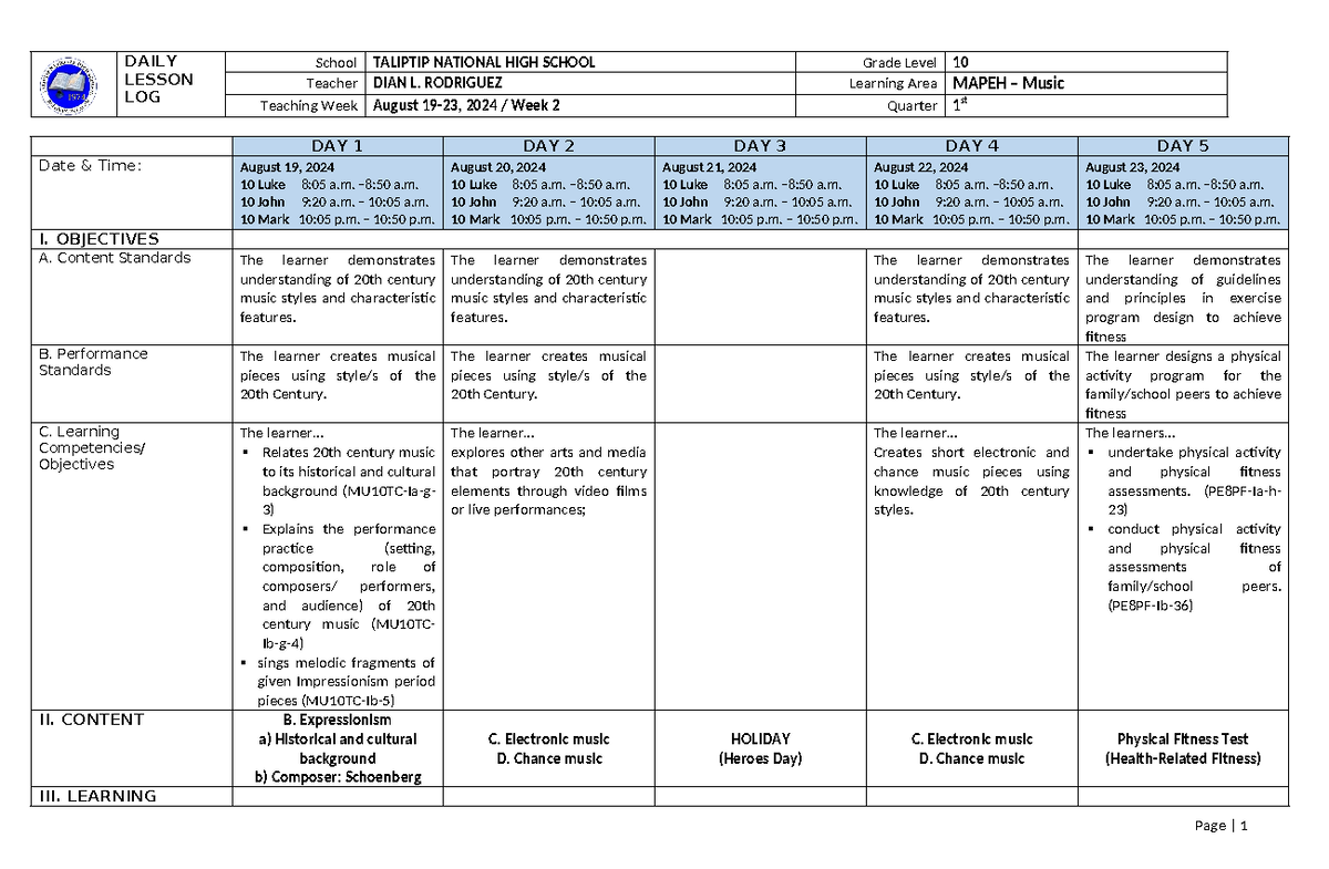 DLL WEEK 3 Q1 Music 10 - Lesson Plan - DAILY LESSON LOG School TALIPTIP ...