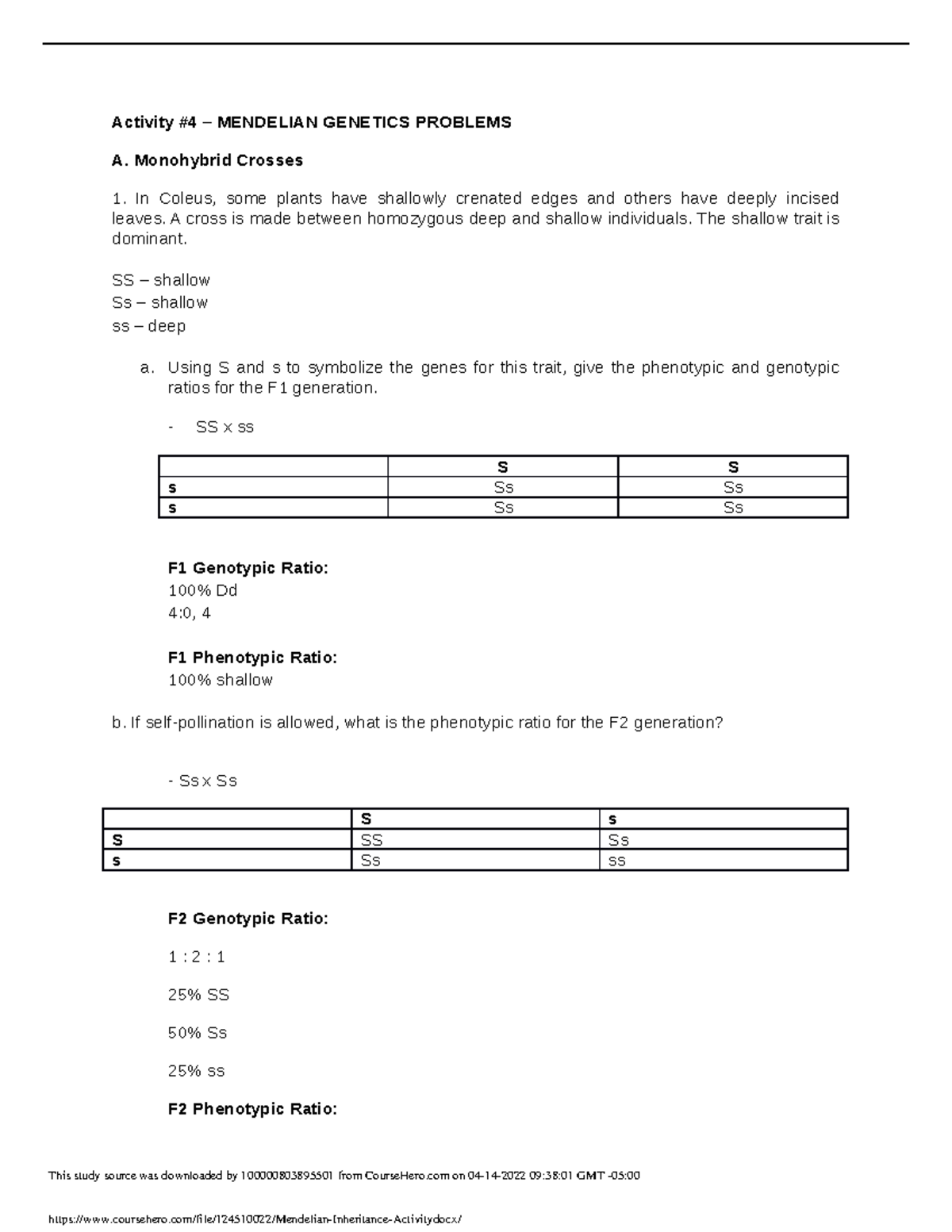 Mendelian Inheritance Activity - Activity #4 – MENDELIAN GENETICS ...
