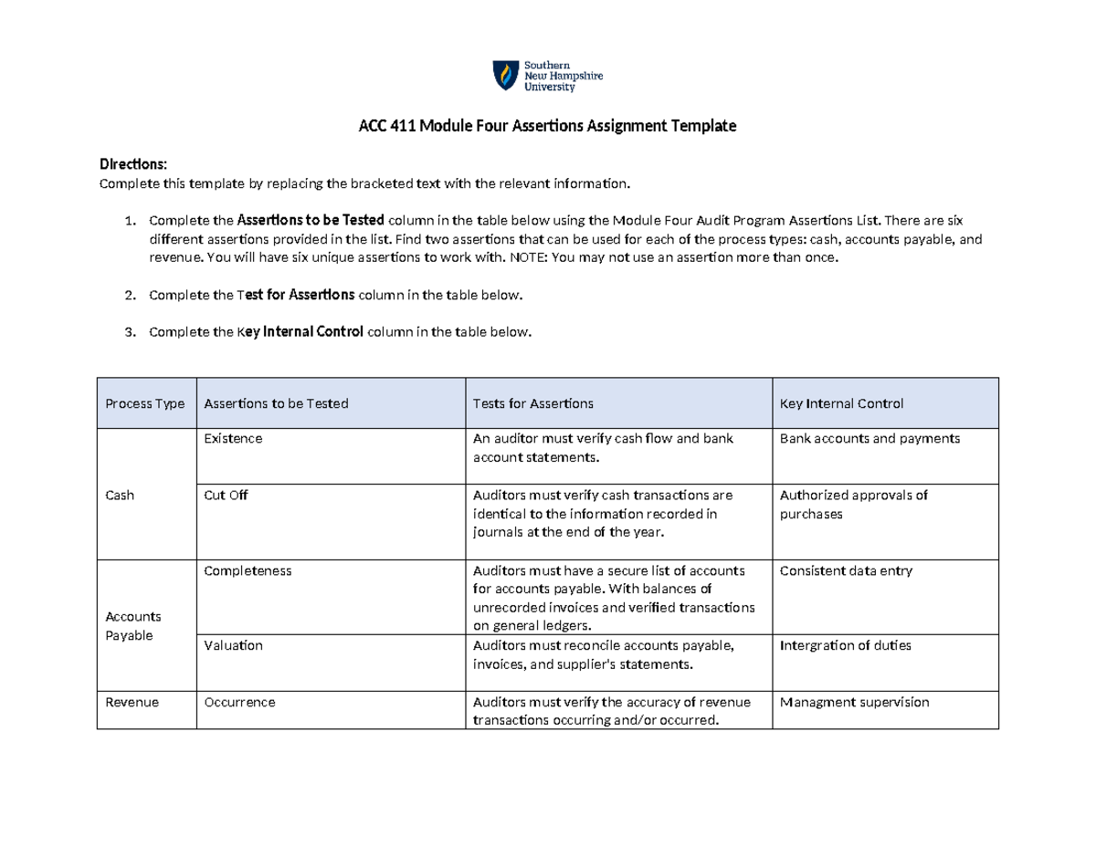 ACC 411 Module Four Assertions Assignment Template (1) - ACC 411 Module ...