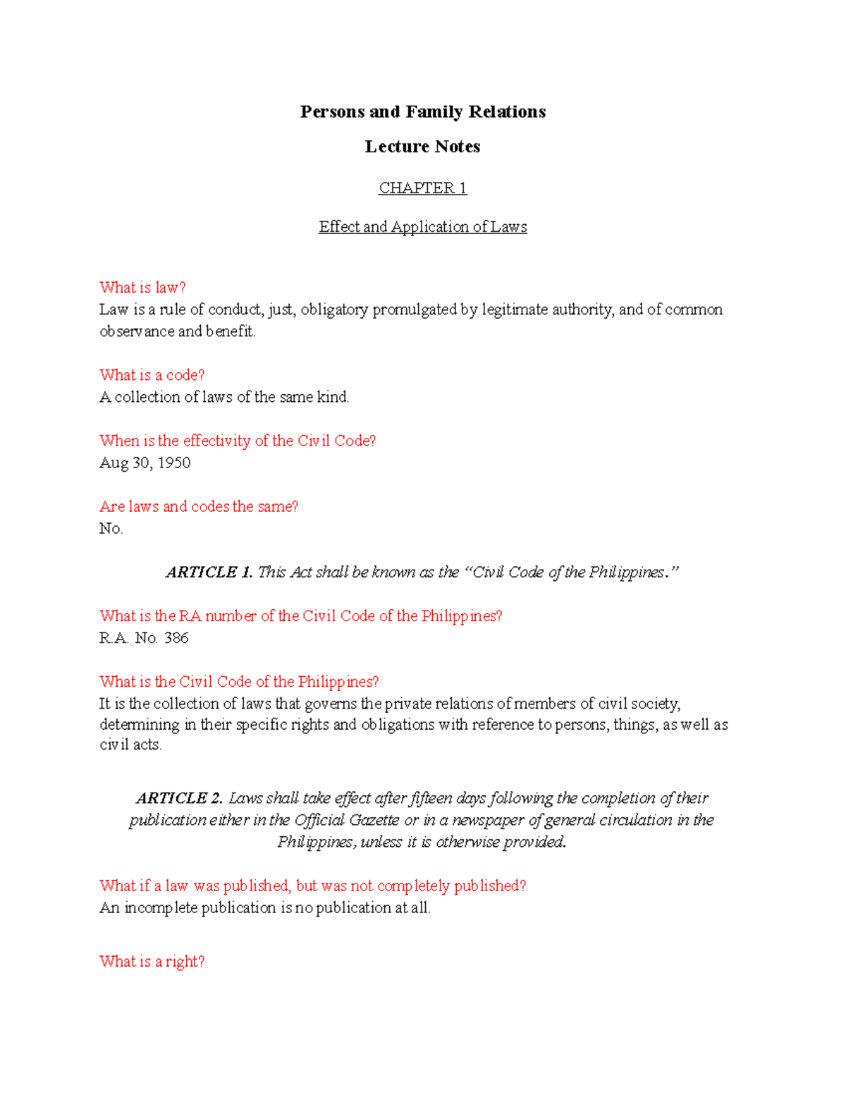 Persons and Family Relations Lecture Notes Chapter 1 (Effect and ...