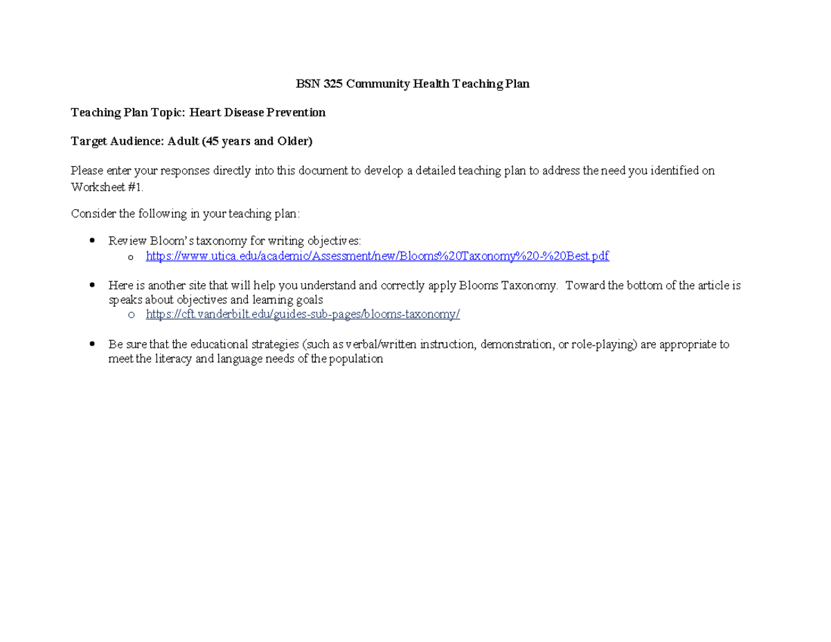Community Health Teaching Plann Work Sheet 2 - BSN 325 Community Health ...