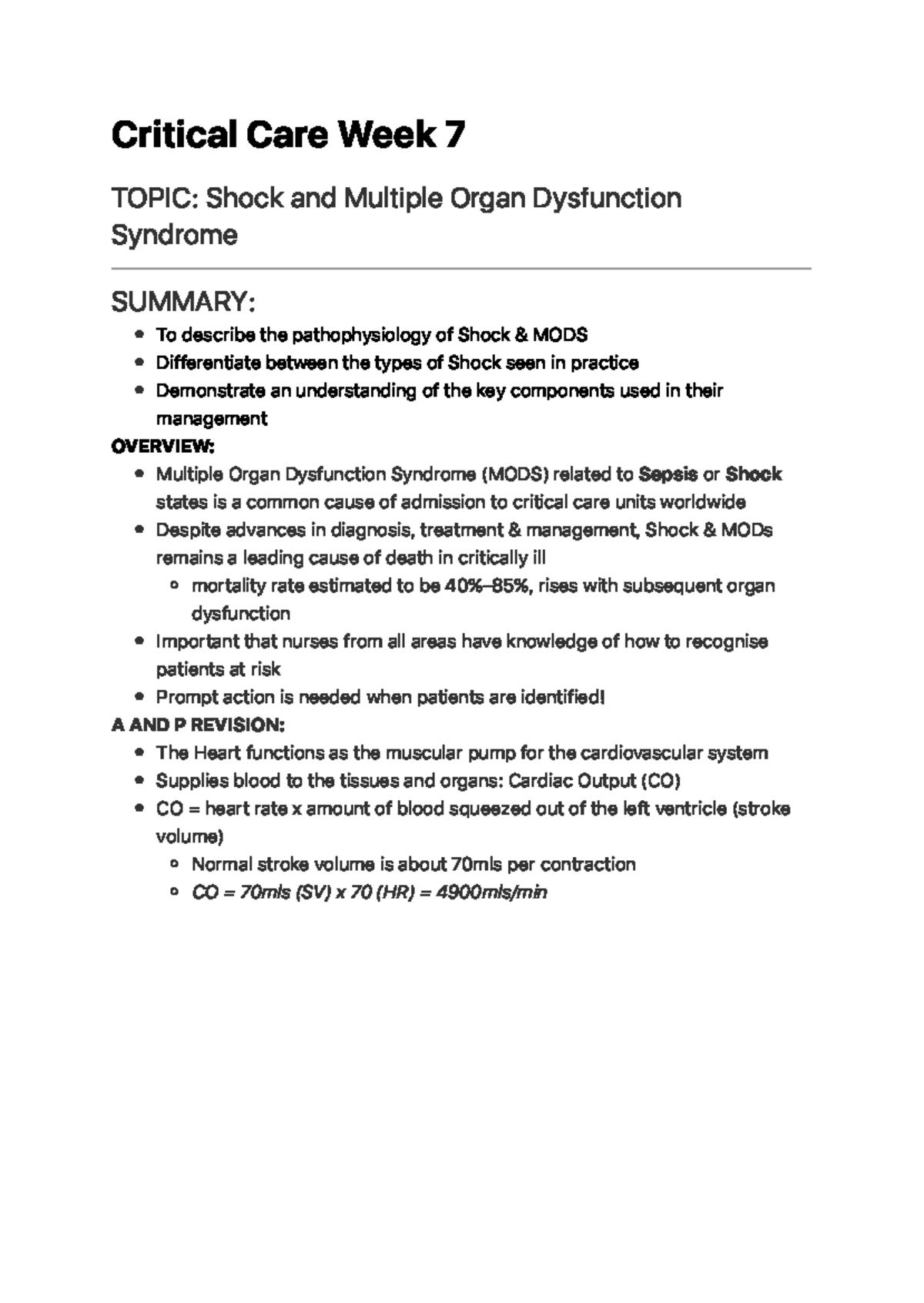 Shock and Multiple Organ Dysfunction Syndrome - Studocu