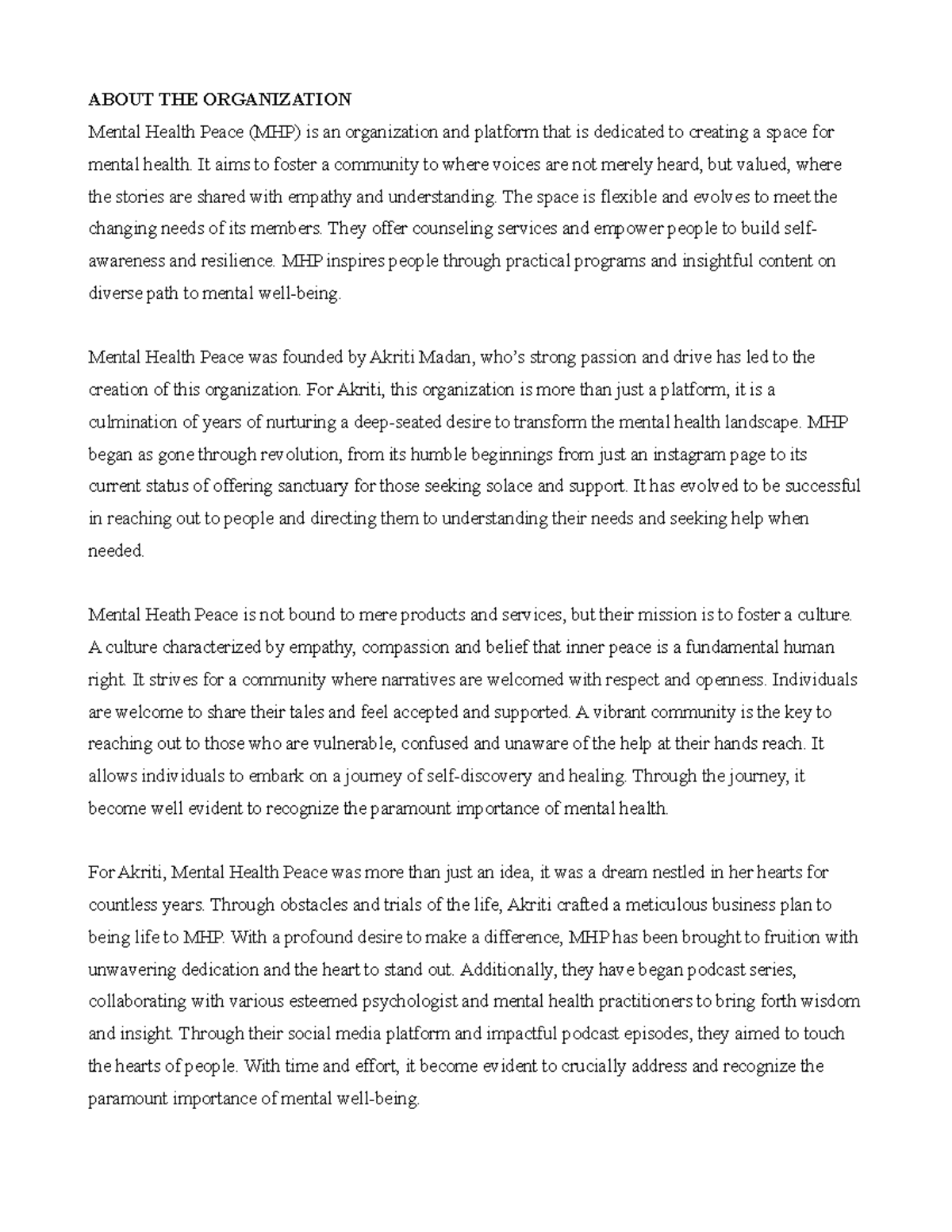 NTCC SEM 2 report - ABOUT THE ORGANIZATION Mental Health Peace (MHP) is ...