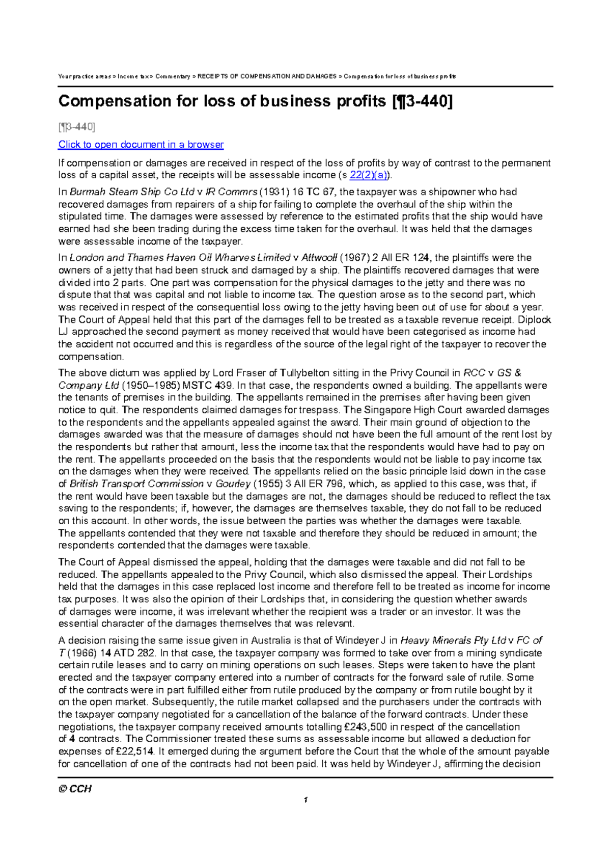 Compensation for loss of business profits [¶3-440] - Compensation for ...