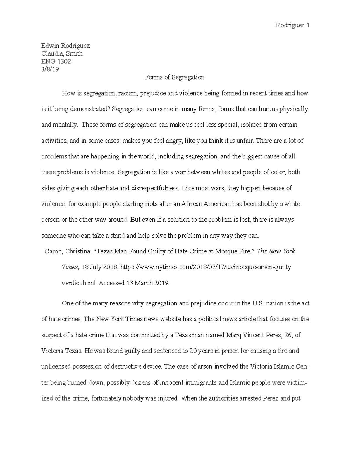 Forms Of Segregation - Rodriguez 1 Edwin Rodriguez Claudia, Smith ENG ...