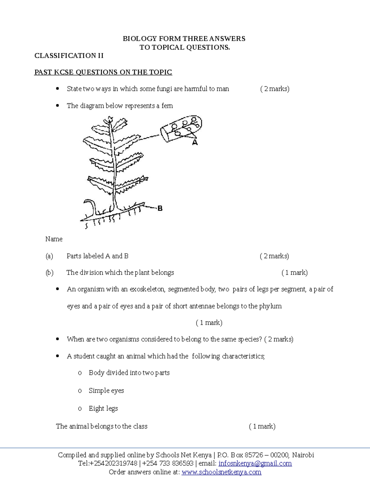 Bioogy form three topical questions - BIOLOGY FORM THREE ANSWERS TO ...