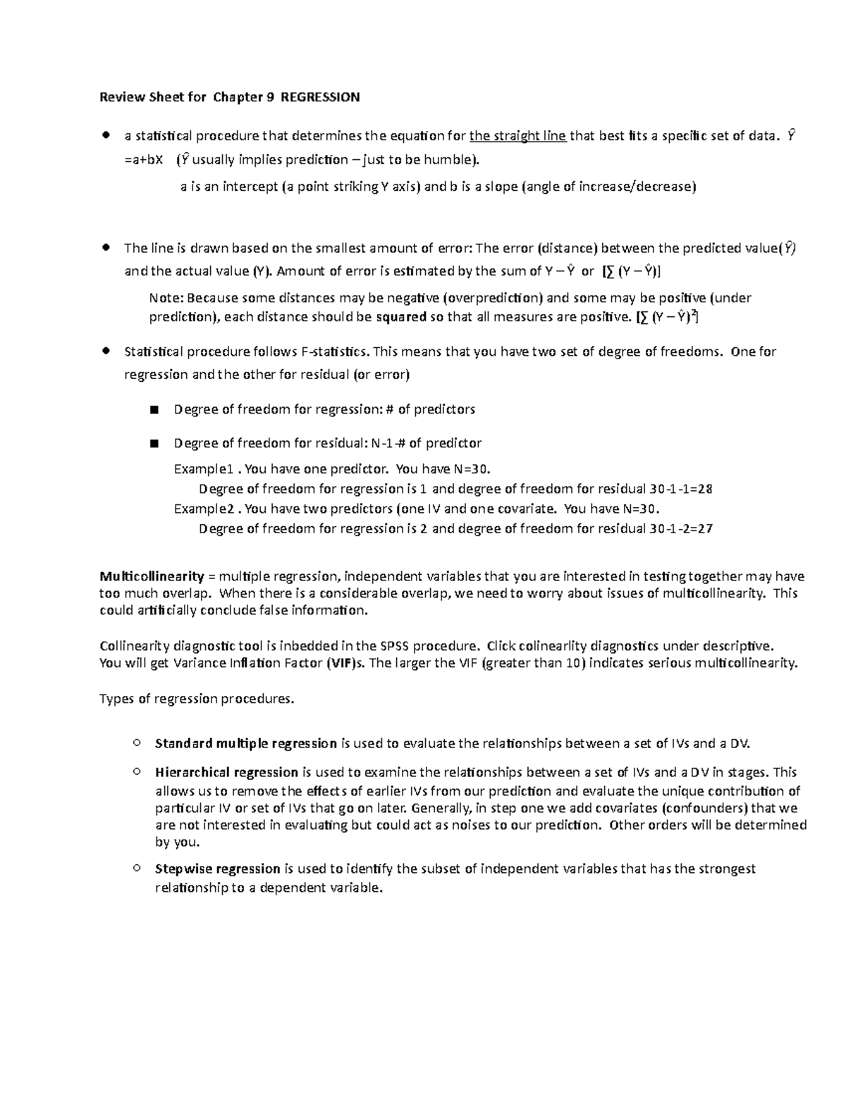 Chapter 9 Regression - Review Sheet for Chapter 9 REGRESSION ⚫ a statistical procedure that ...