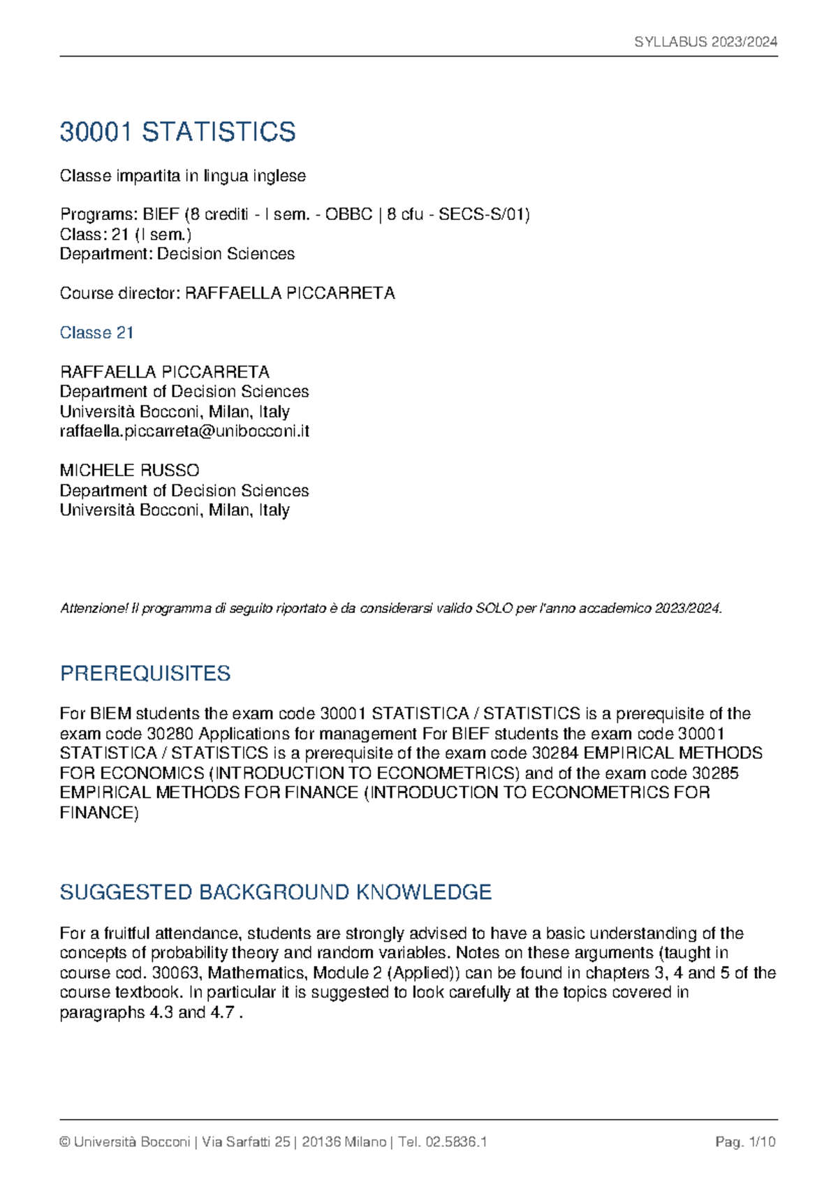Syllabus statistics 30001 2023/2024 - 30001 STATISTICS Classe impartita ...