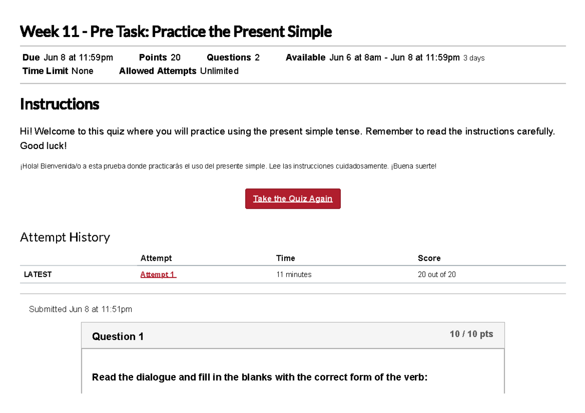 Week 11 - Pre Task Practice the Present Simple Ingles I - Week 11 - Pre Task: Practice the ...