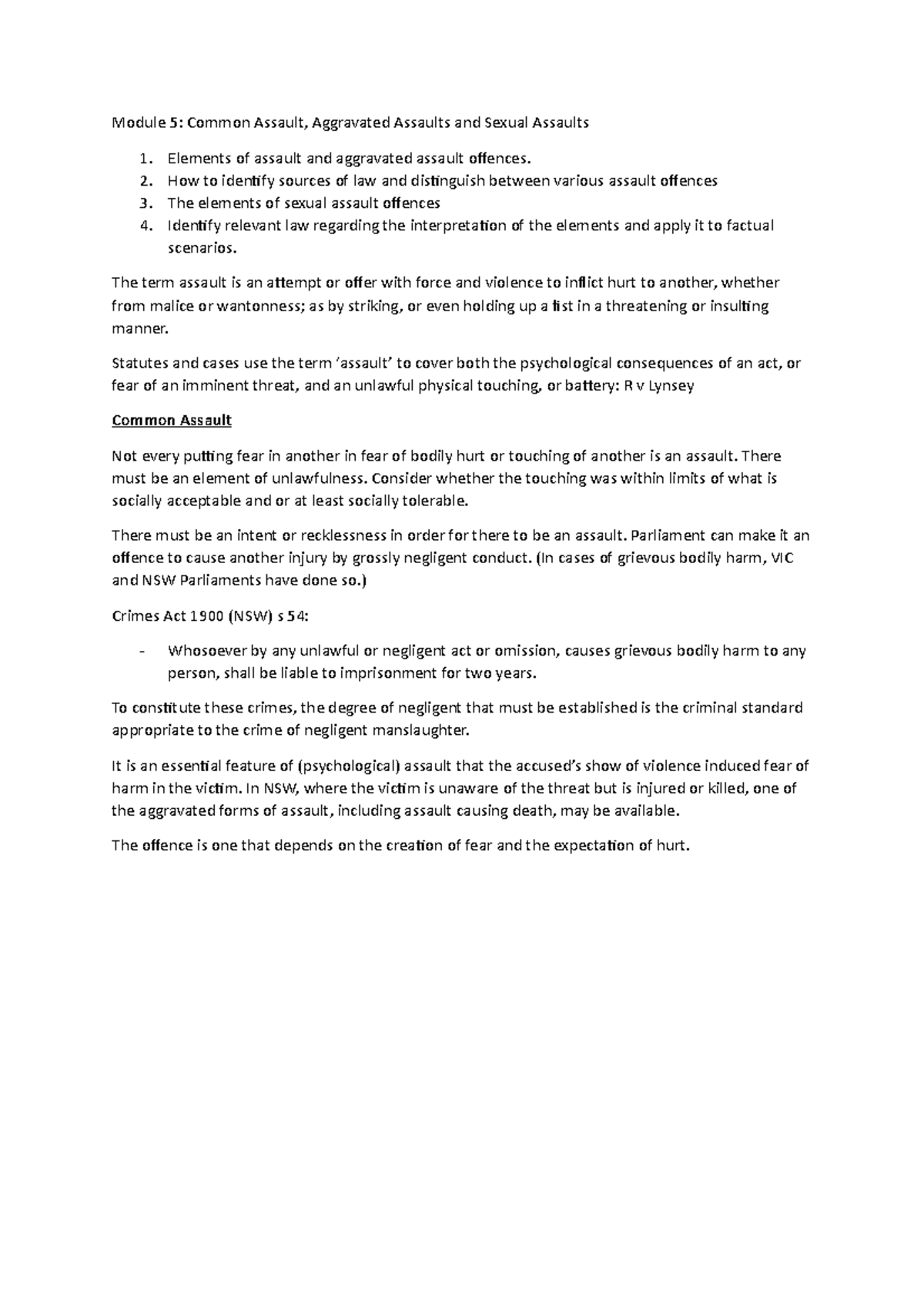 Module 5 - notes - Module 5: Common Assault, Aggravated Assaults and ...