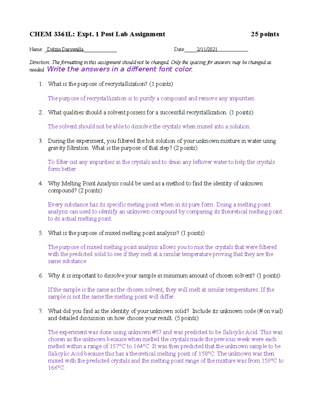 CHEM 3361 L Post Lab Assignment Lab 1 - CHEM 3361L: Expt. 1 Post Lab ...