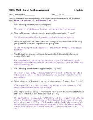 Lab 3 Acid base extraction Post Lab Assignment - CHEM 3361L: Organic Chemistry Lab I Experiment ...