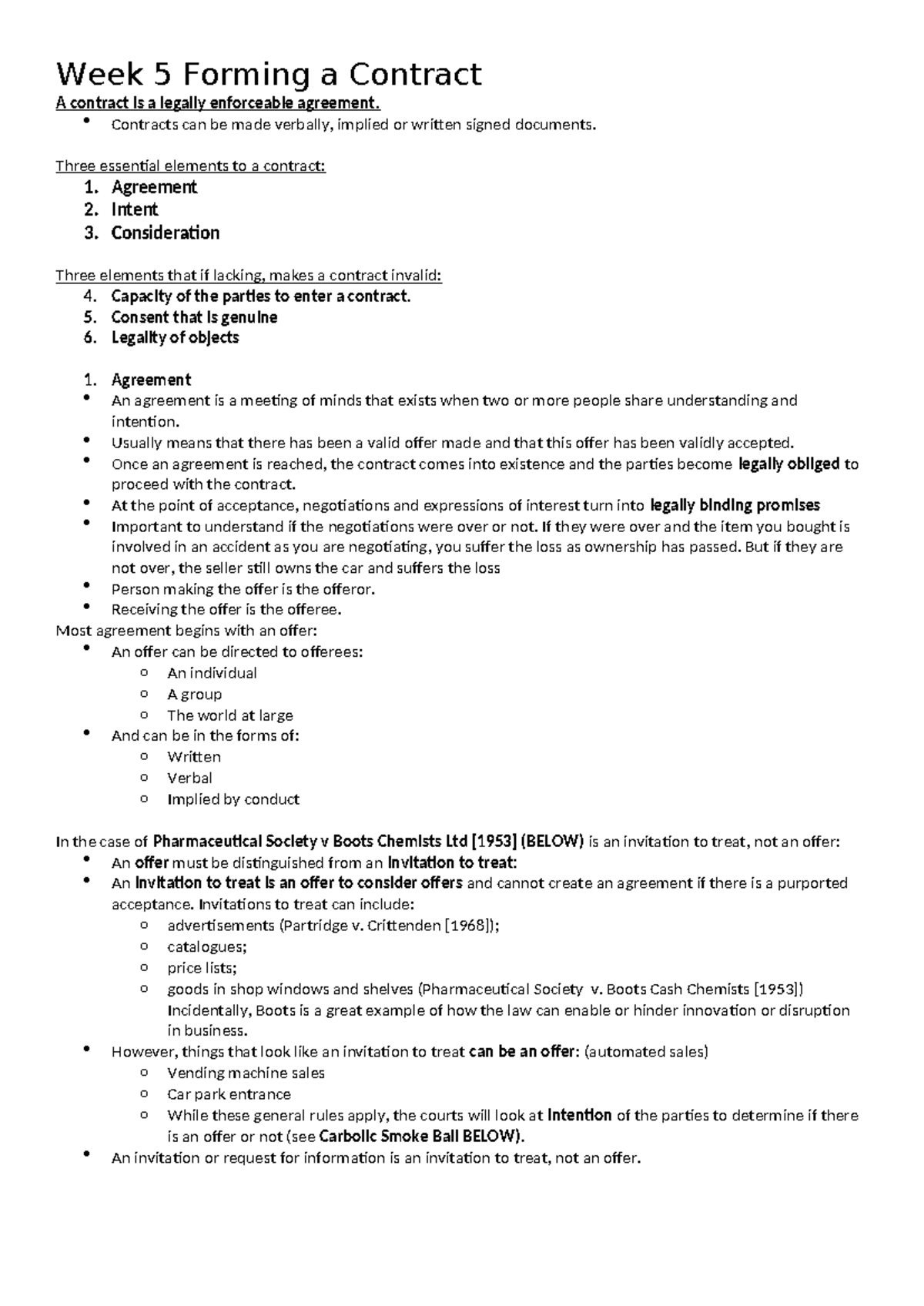Notes BSB151 tut - Week 5 Forming a Contract A contract is a legally ...