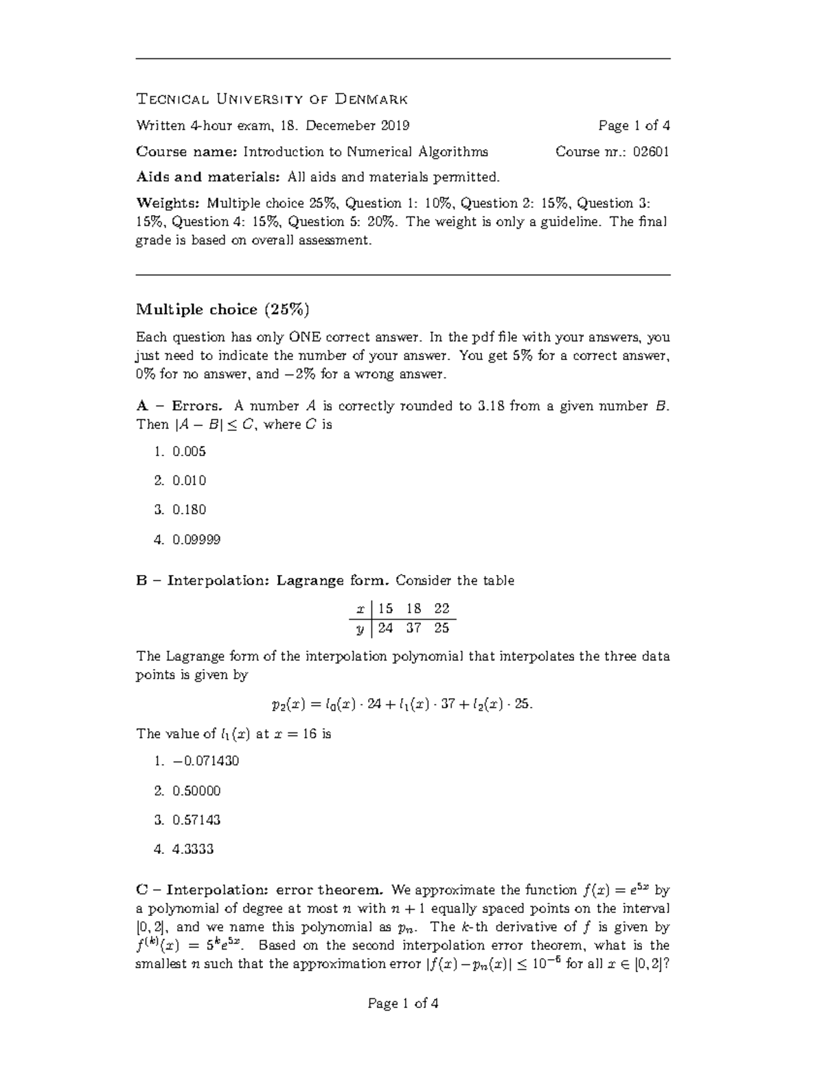 02601 Exam E 2019 Exam 2019 Tecnical University Of Denmark Written 4 Hour Exam 18 