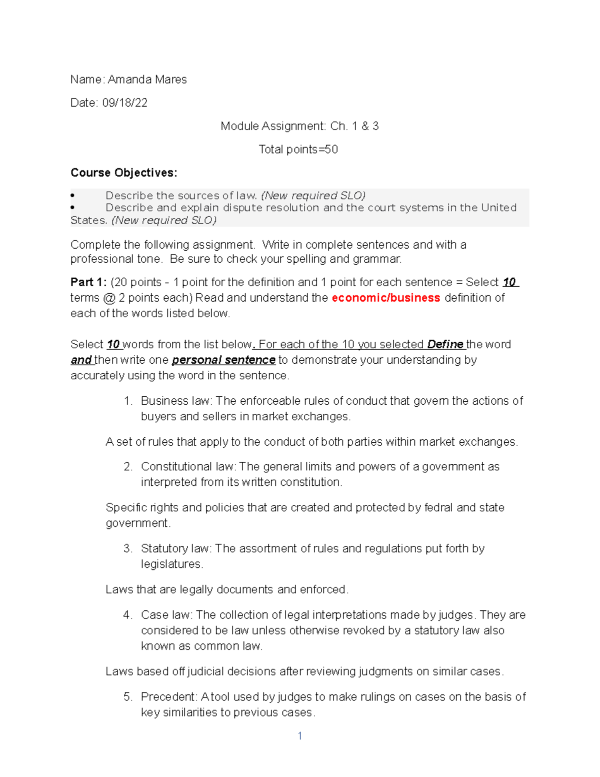 Mares Amanda Module Assignment Ch 1 3 BLAW 2110 - Name: Amanda Mares ...