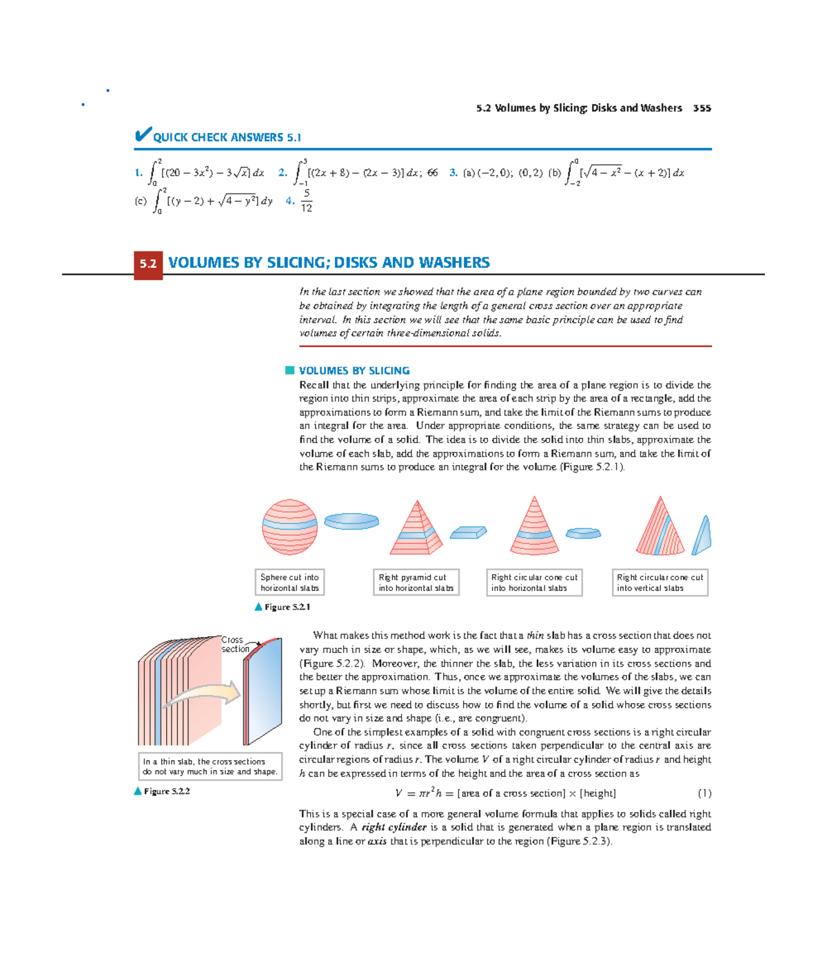 Math work ch5-2 - Math work - 5 Volumes by Slicing; Disks and Washers 355 QUICK CHECK ANSWERS 5 ...